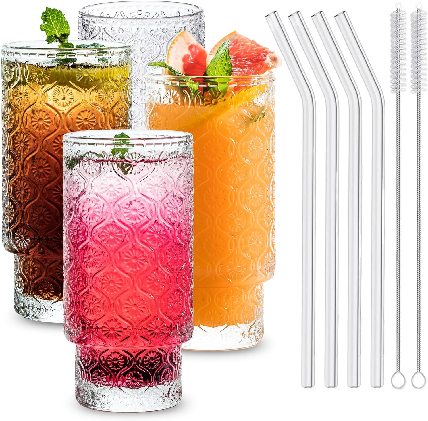 Amazon.com | INSETLAN Vintage Embossed Glassware Set - 16oz Stackable ...