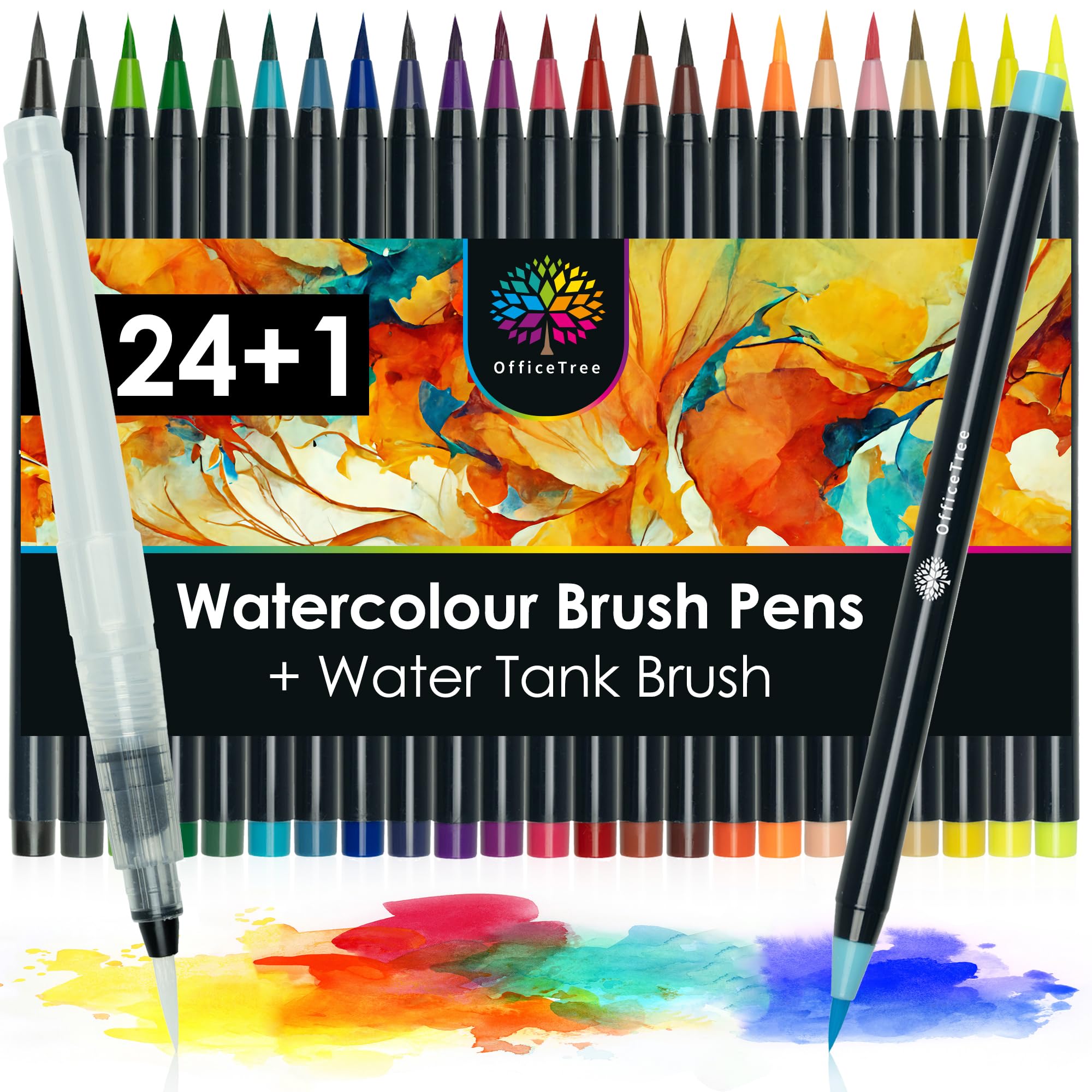 OfficeTree 24+1 Watercolour Brush Pens with Water Tank - Watercolour ...