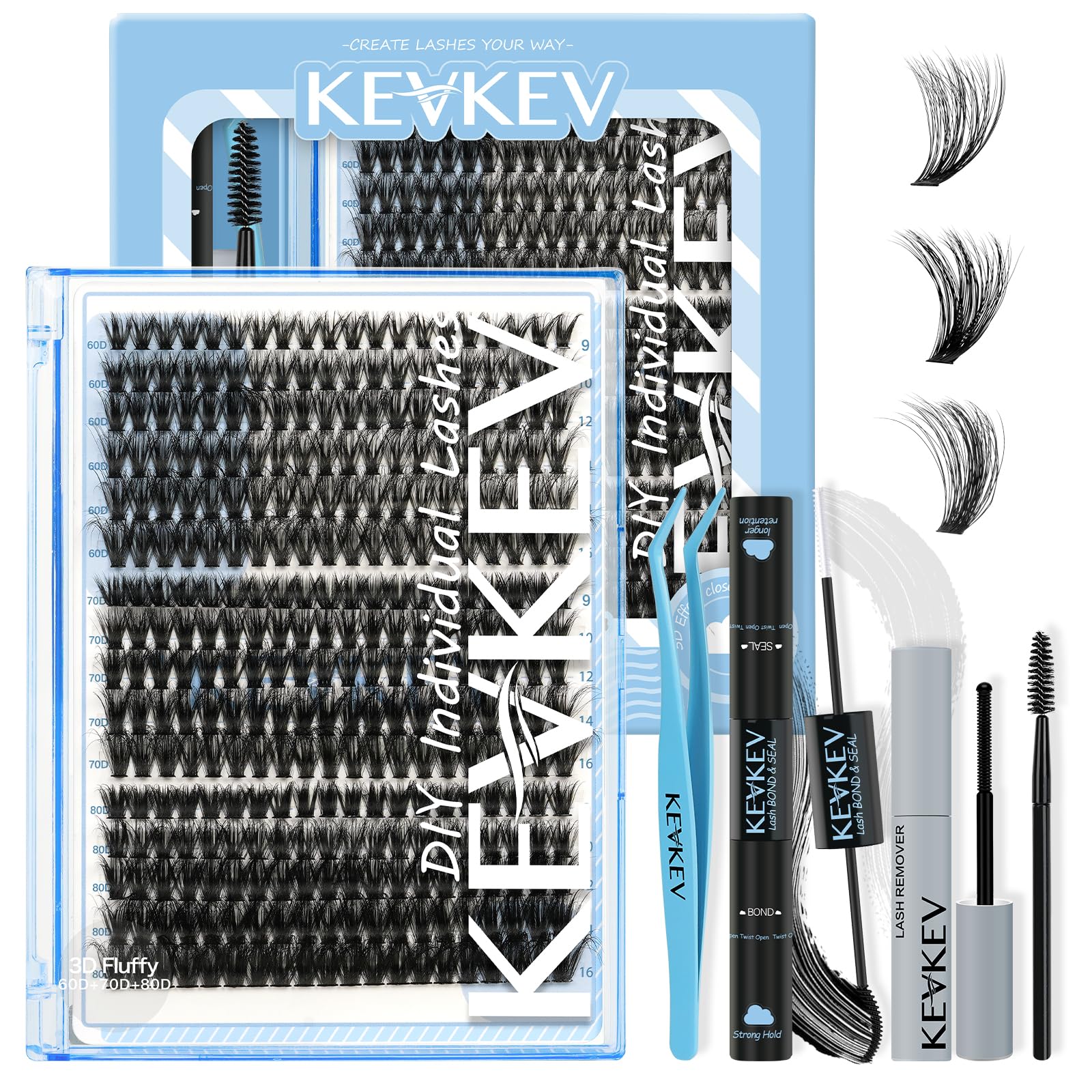 KevKev Lash Extension Kit 320pcs 3D Style Lash Clusters Kit 60D+70D+80D Mixed 0.05D Softer ...