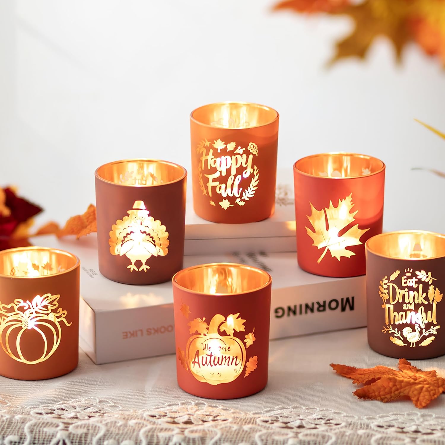 Amazon.com: Glasseam Thanksgiving Votive Candle Holders: Glass Tealight ...