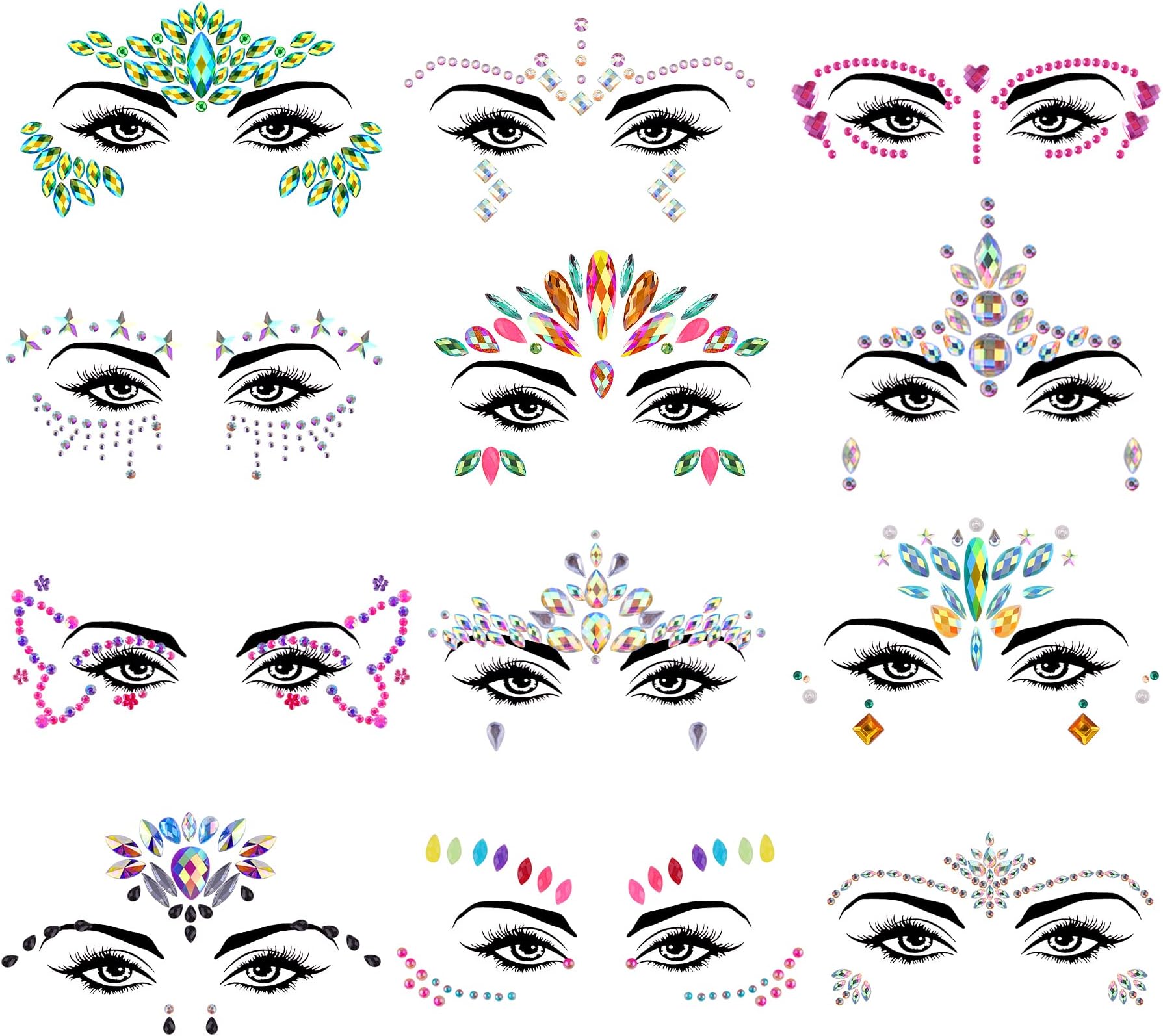 Amazon.com : 10 Sheets Face Gems Facial Rhinestones Mermaid Jewels Rave ...