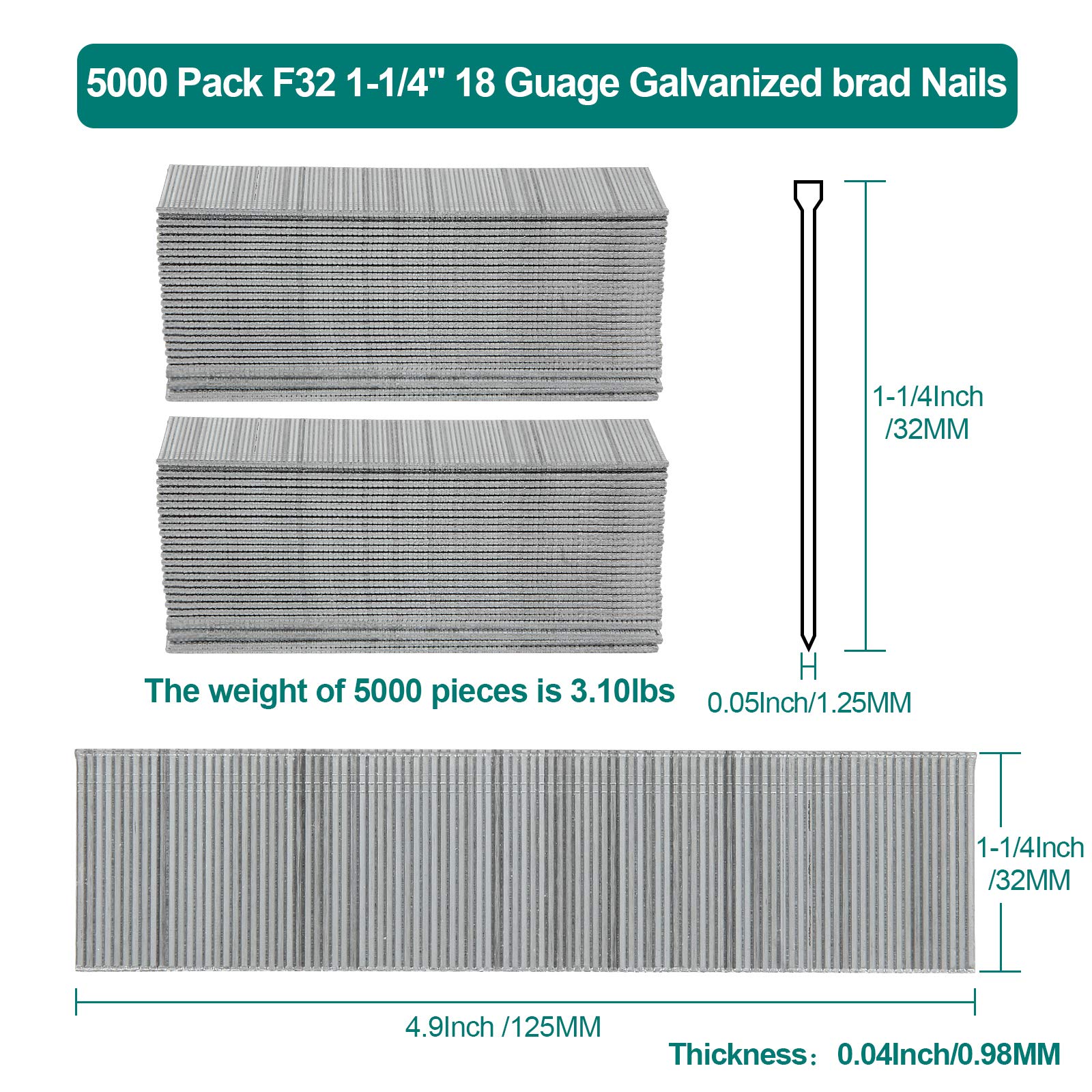 Snapklik.com : 5000 Pack F32 1-1/4 18 Guage Galvanized Brad Nails
