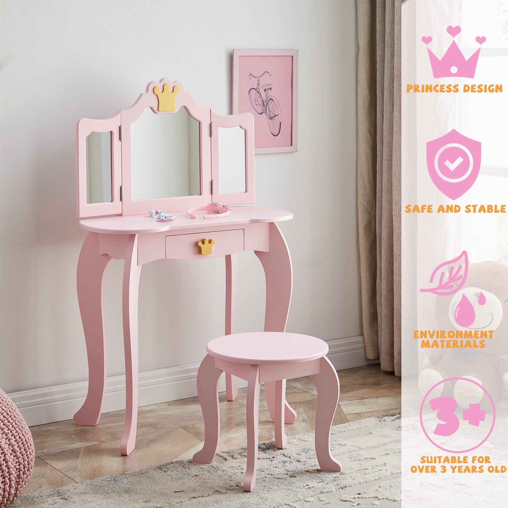 Princess Vanity Set Kids Princess Vanity Table & Chair Set - With Tri ...