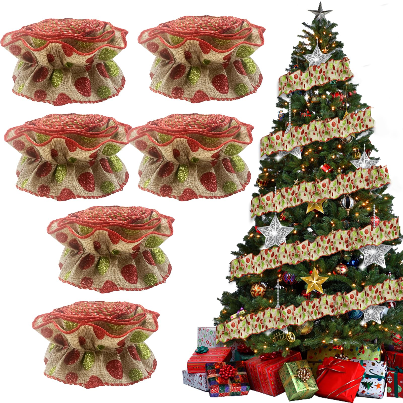 Amazon.com: 6 Rolls Christmas Tree Ribbon Garland Red and Green Polka ...