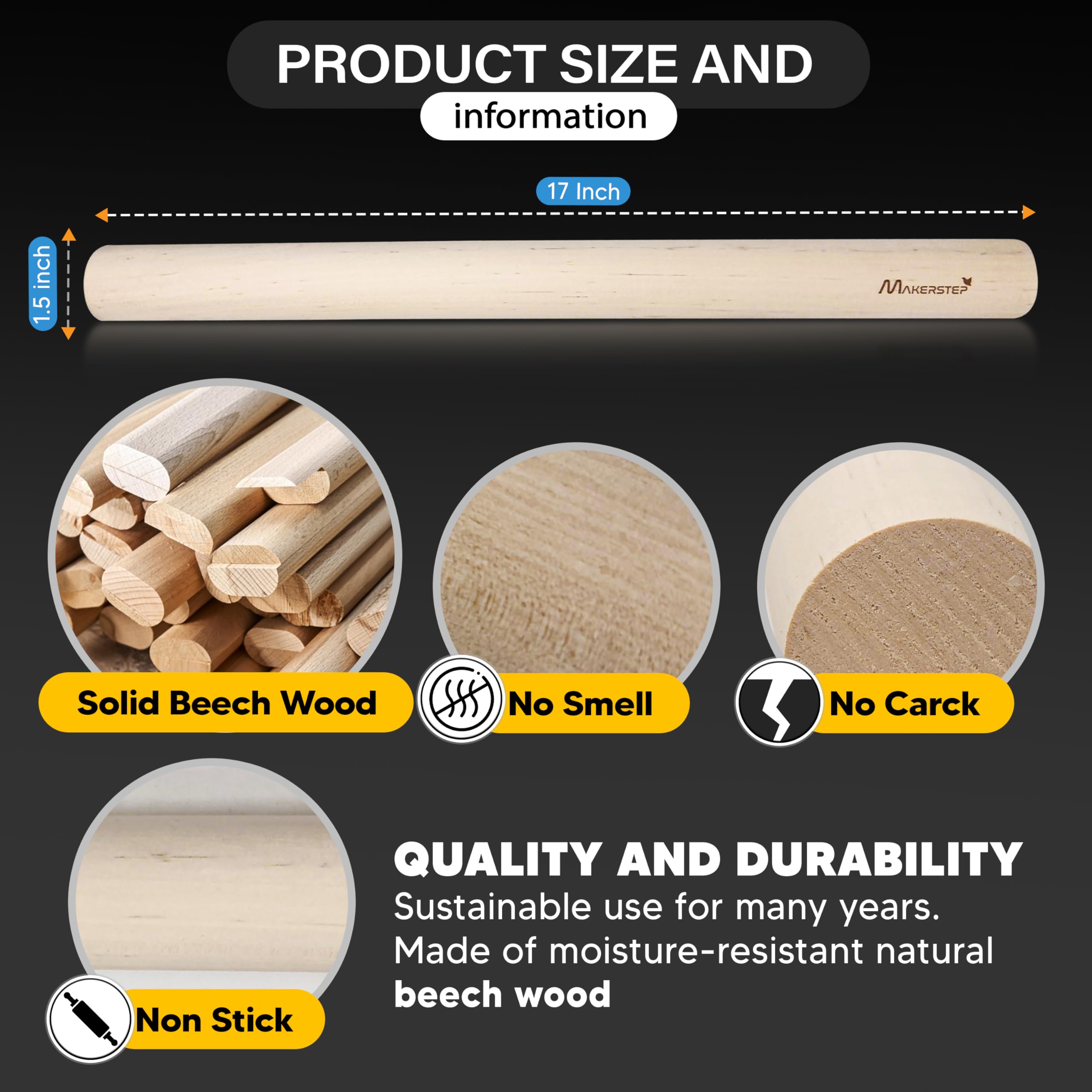 Snapklik.com : Dowel Wooden Rolling Pin 17 Inches, Natural Wooden ...