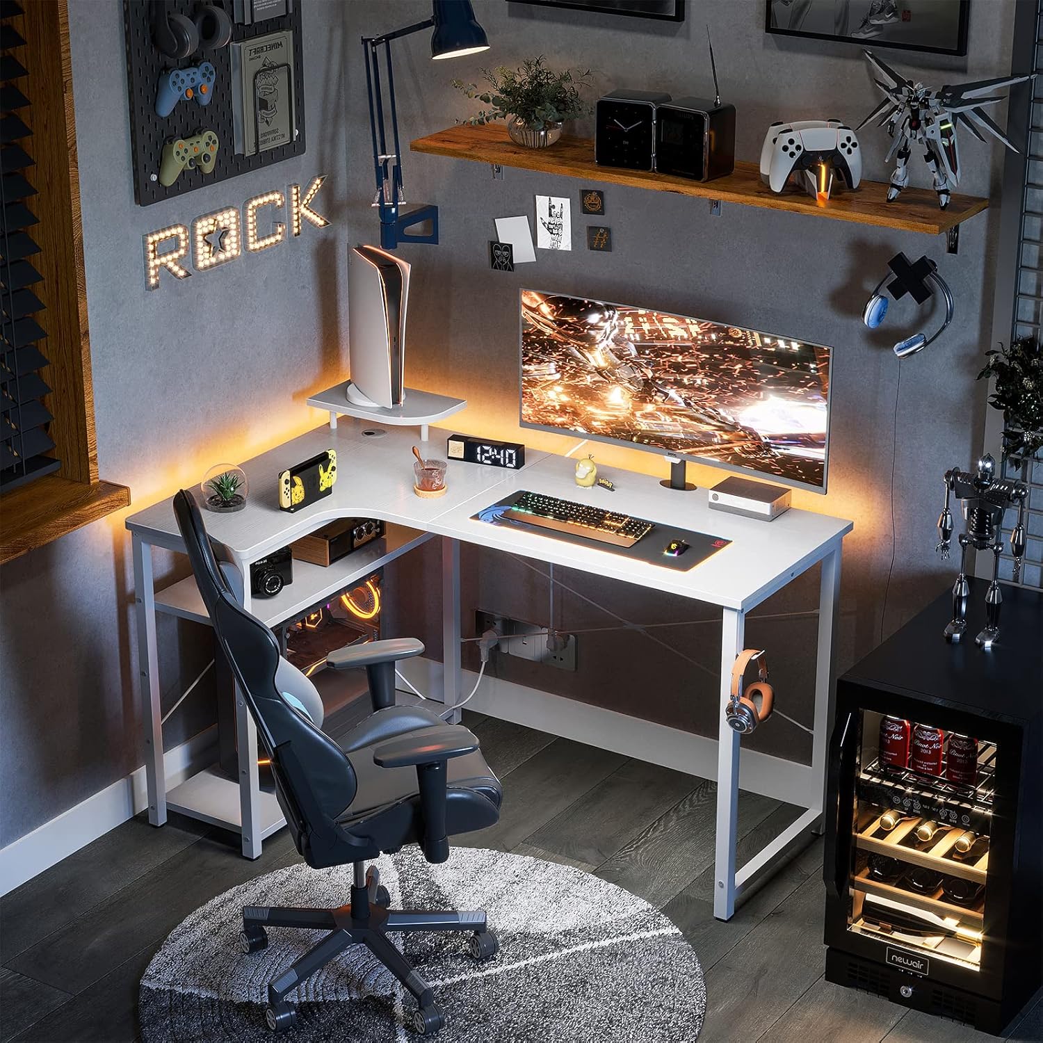 ODK L-Shaped Computer Gaming Desk with Storage Rack, 130x80x74cm, White ...