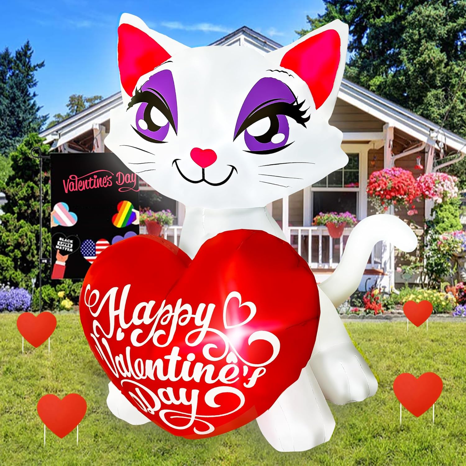 Amazon.com: JOYEASE 4 Ft Inflatables White Cat with Heart, LED Lighted ...