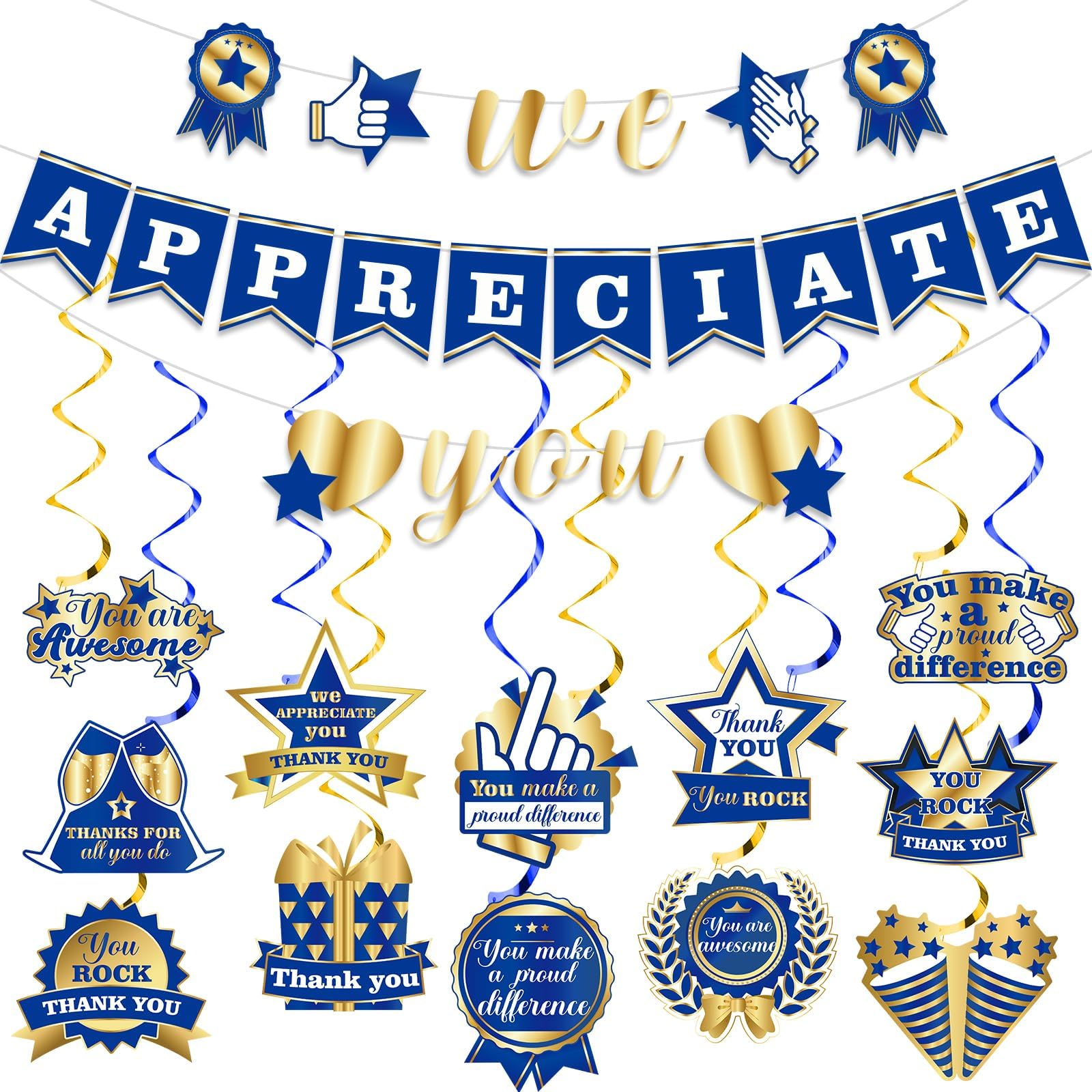 Amazon.com: CHUNNIN We Appreciate You Banner Decorations Blue Gold ...