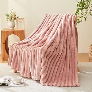 Deamsure Throw Blanket for Couch Pink 3D Ribbed Fleece Soft Lightweight ...