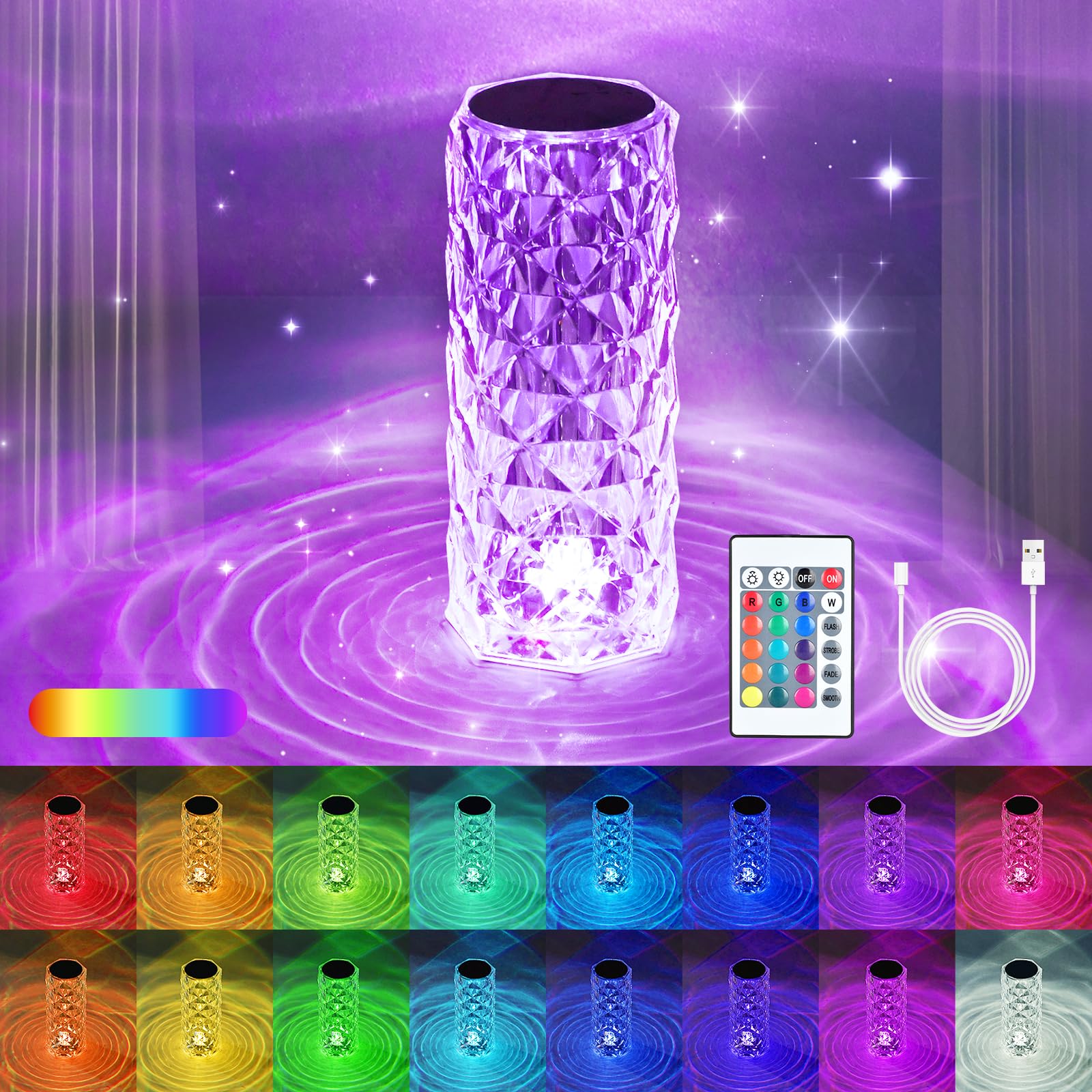Crystal Table Lamp, 16 Color Changing Rose Diamond Table Lamp, RGB ...