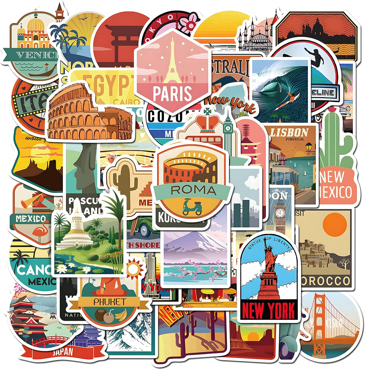 Amazon.com: 50Pcs Travel City Stickers, Vinyl Waterproof Famous ...