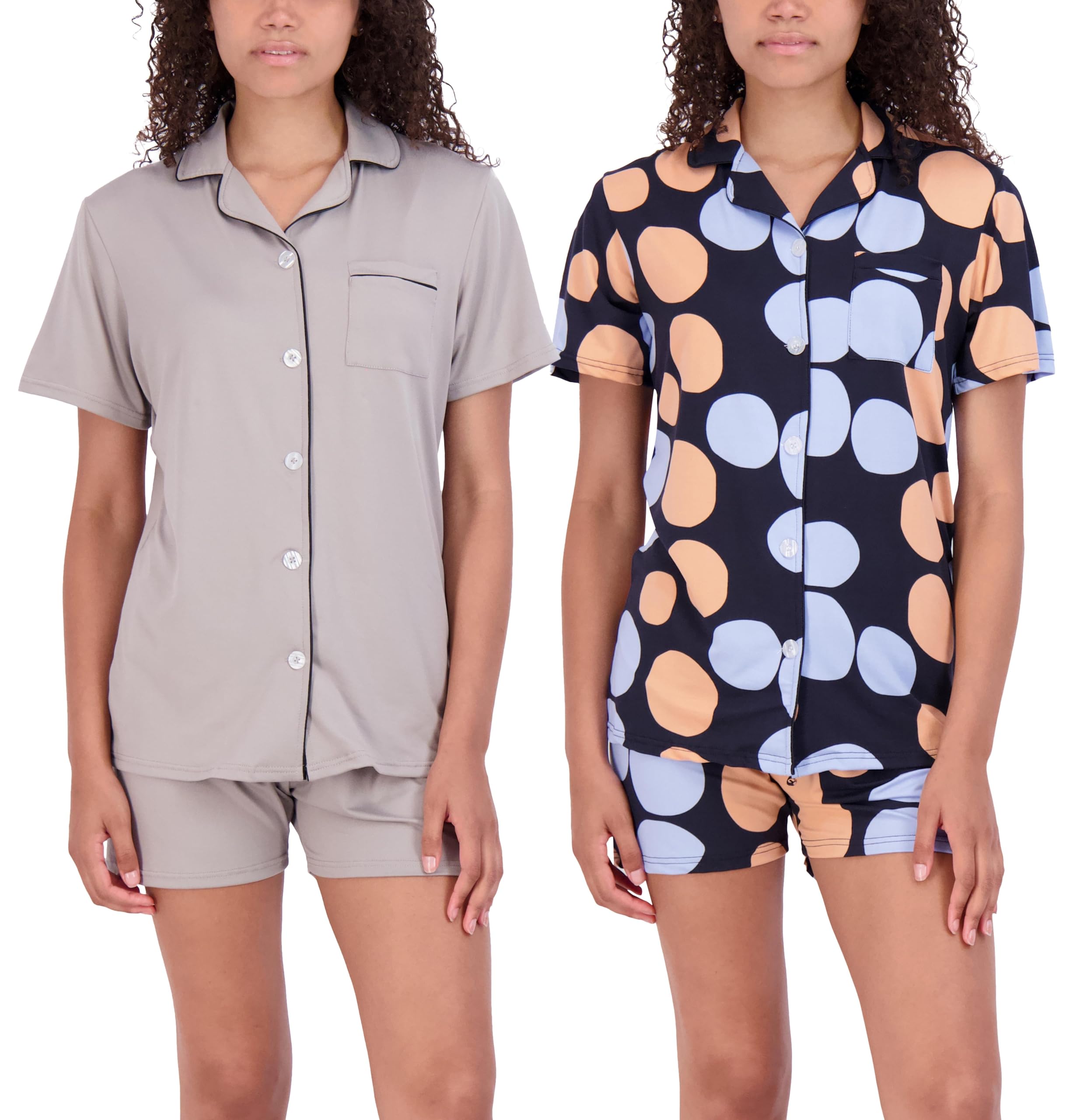 Real Essentials 4 Piece: Womens Long & Short Sleeve Button Down Pajama ...