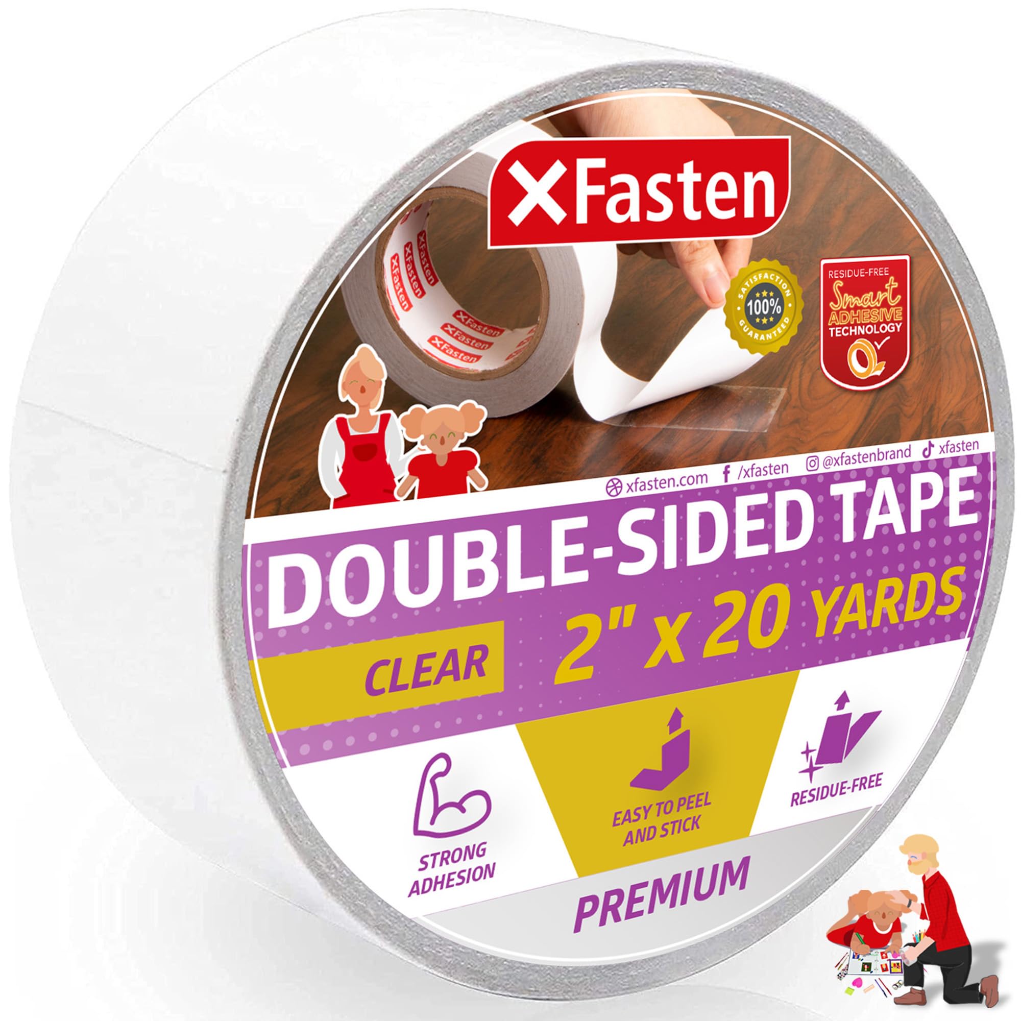 XFasten Clear Double Sided Sticky Tape, Removable, 2-Inches x 20-Yards ...