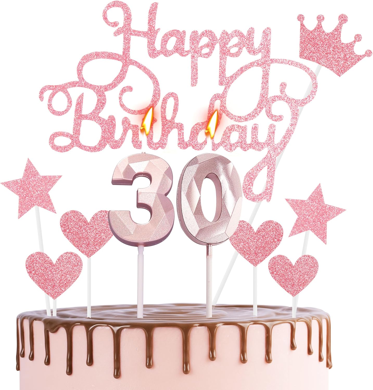Happy 30th Birthday Cake Topper & Birthday Candles Rose Gold Number 30 ...