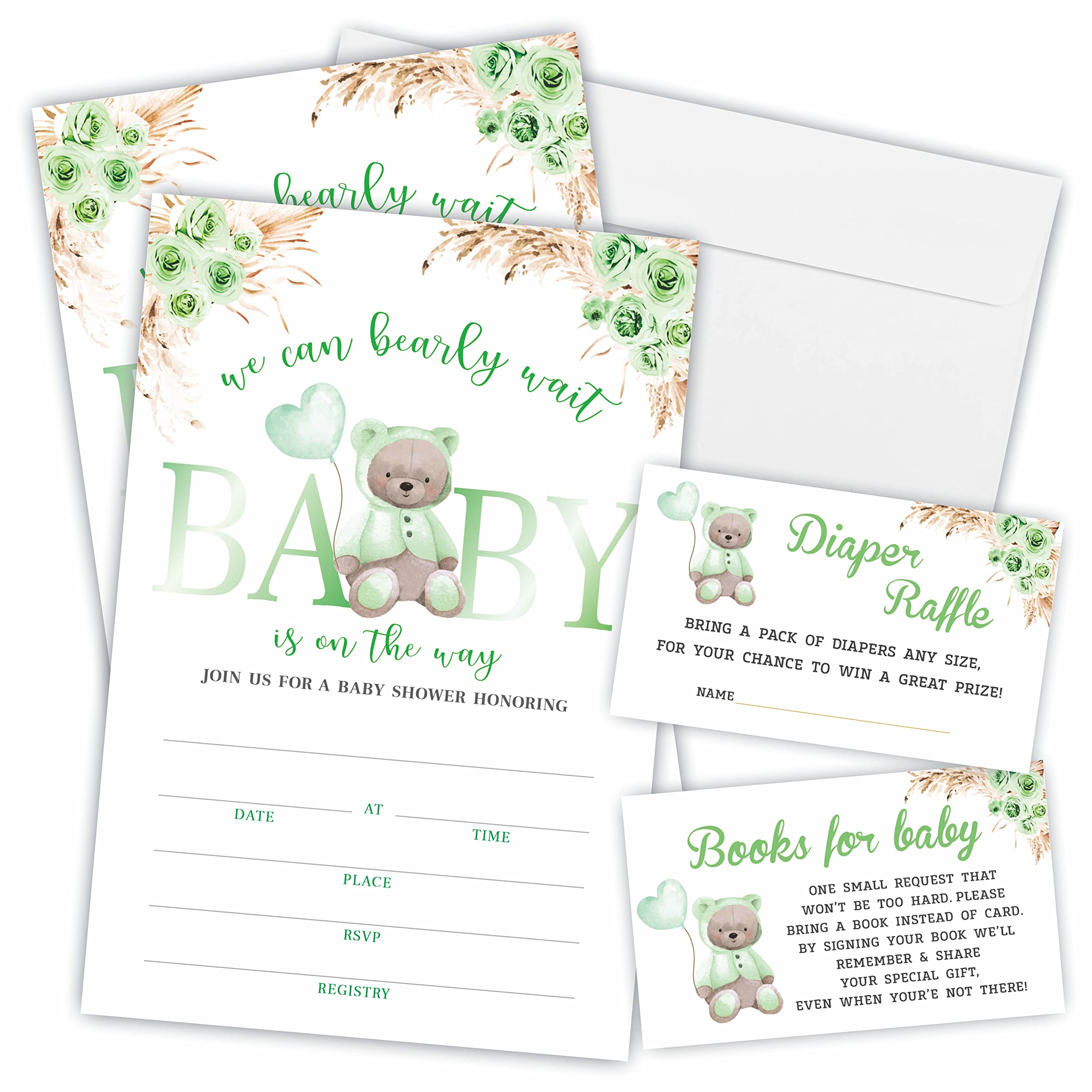 Set of 25 Baby Shower Invitations with Envelopes, Diaper Raffle Tickets ...