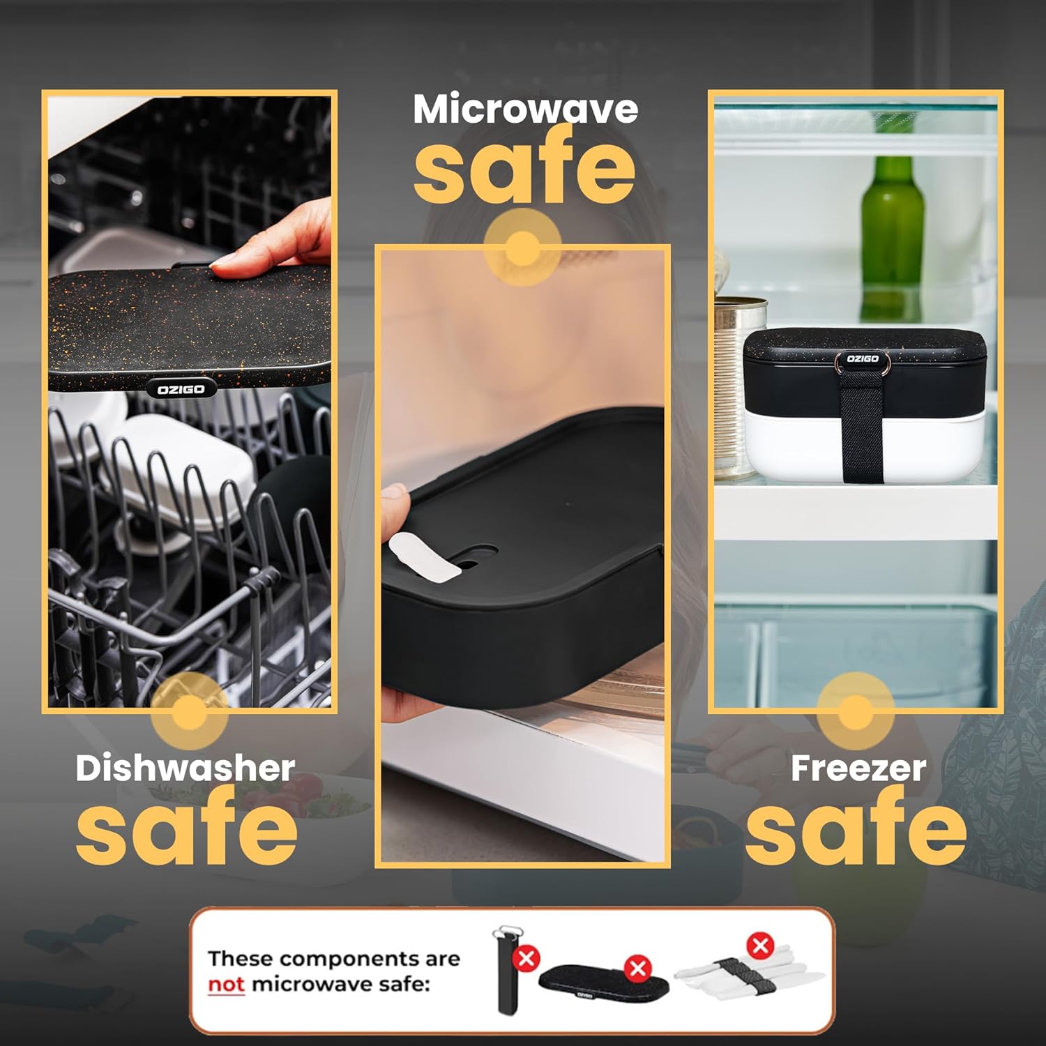 OZIGO Lonchera negra prémium para mujeres con contenedores, lonchera para mujer, lonchera para ...