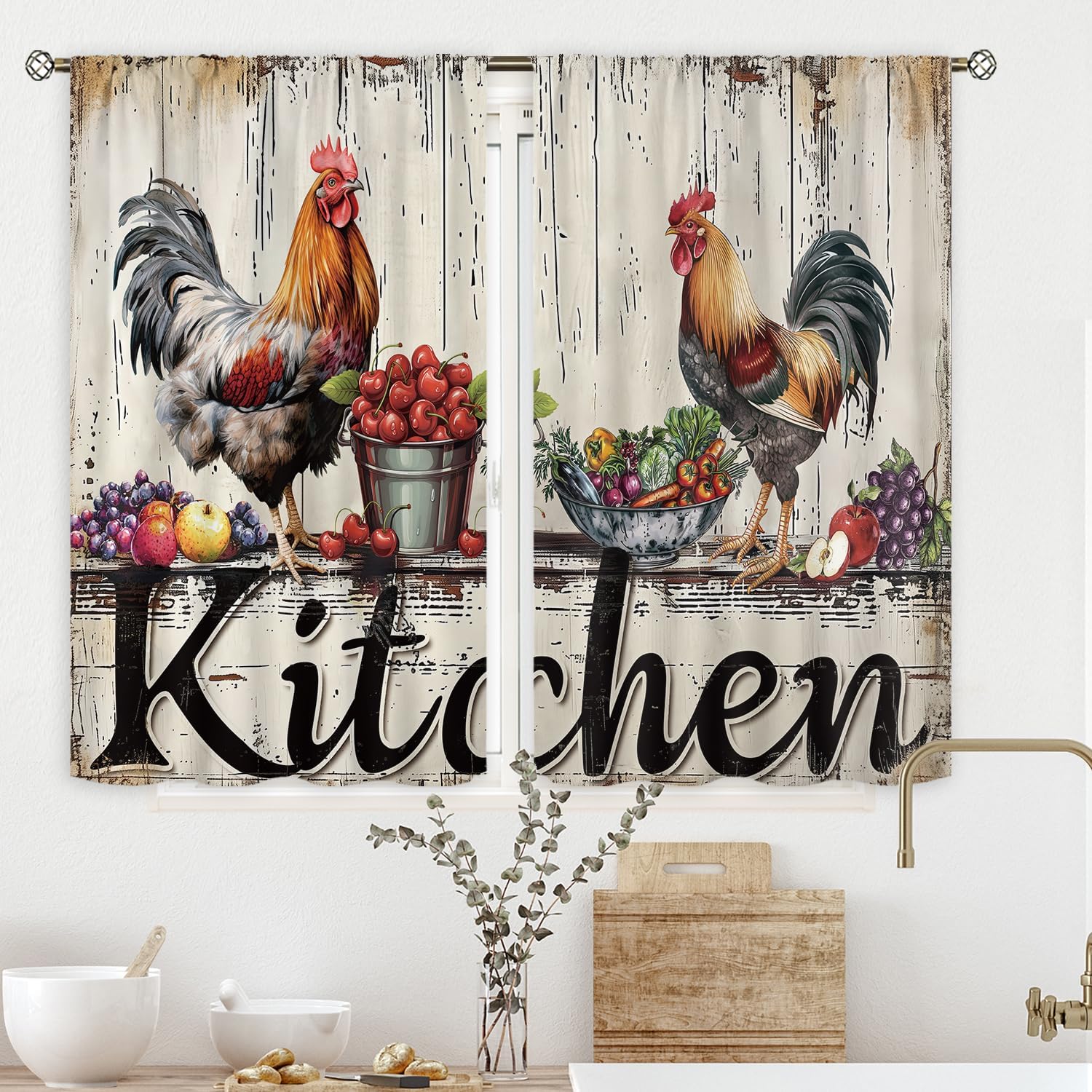Amazon.com: Cinbloo Farmhouse Rooster Kitchen Curtains 27.5Wx39H Inch ...