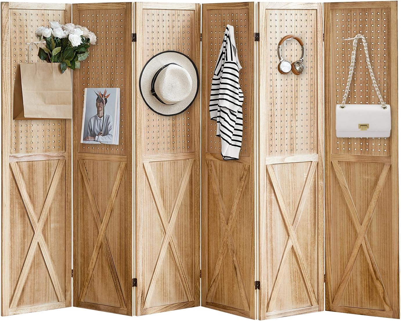 Amazon.com: Leesinwing 6 Panel Pegboard Display, 5.6Ft Wood Room ...