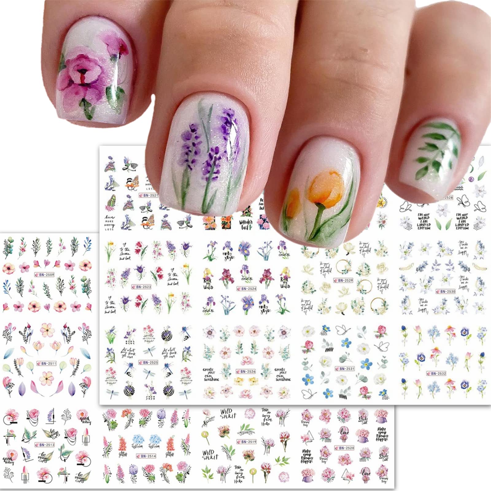 24 Sheets Flower Nail Art Stickers Decals Spring Summer Water Transfer ...