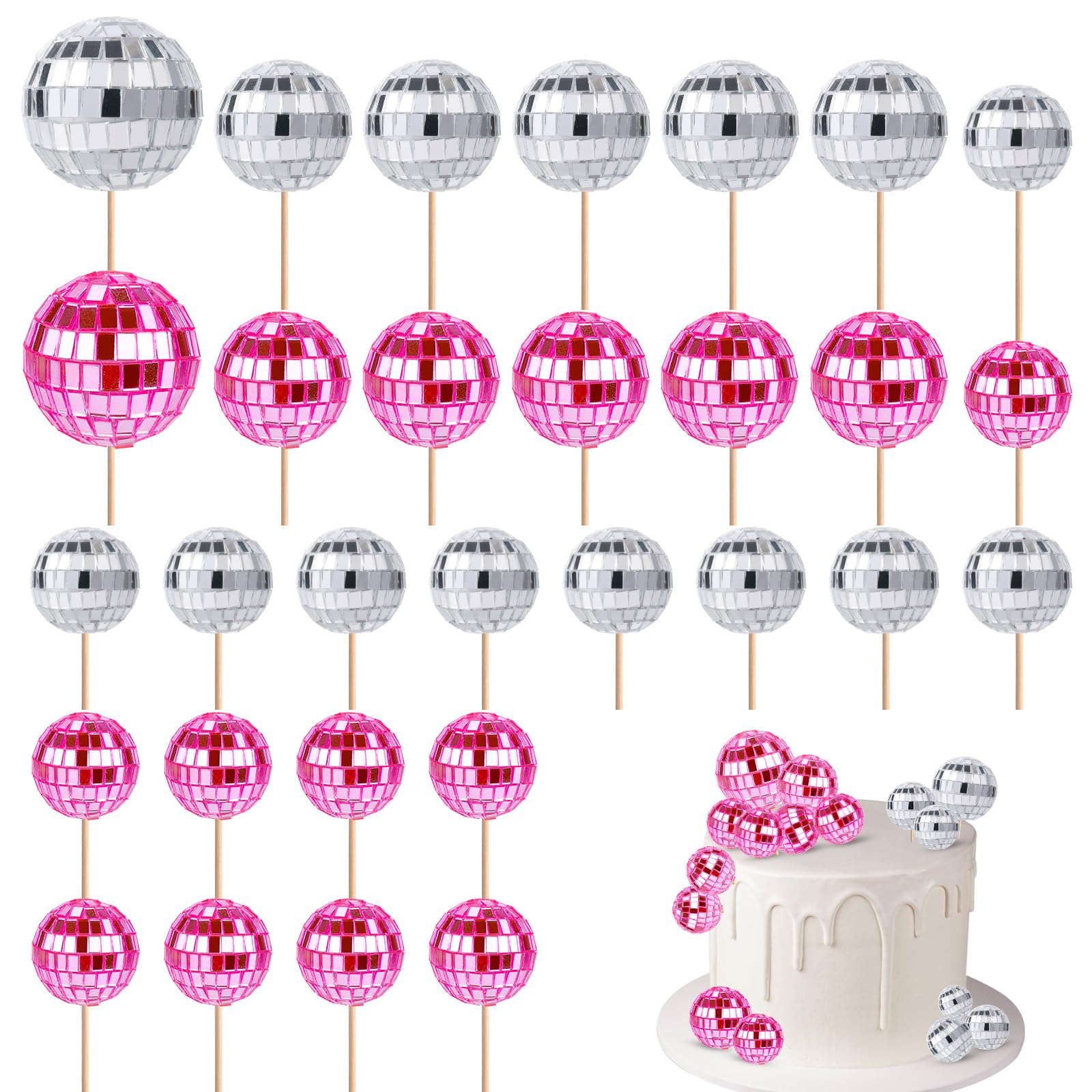 30pcs Disco Ball Cupcake Toppers, 70s Retro Cake Decorations with Stick ...