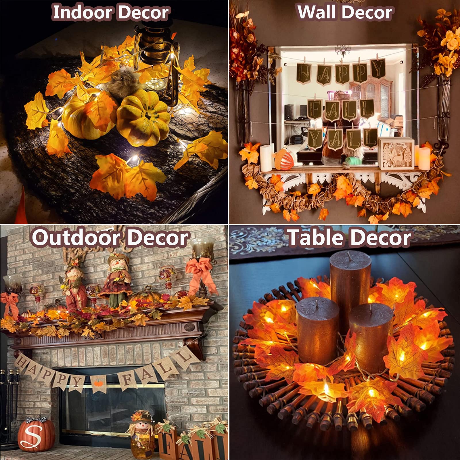 Fall Decor 14Ft 40 LED 80 Leaves Lighted Fall Garland for Home Mantle ...