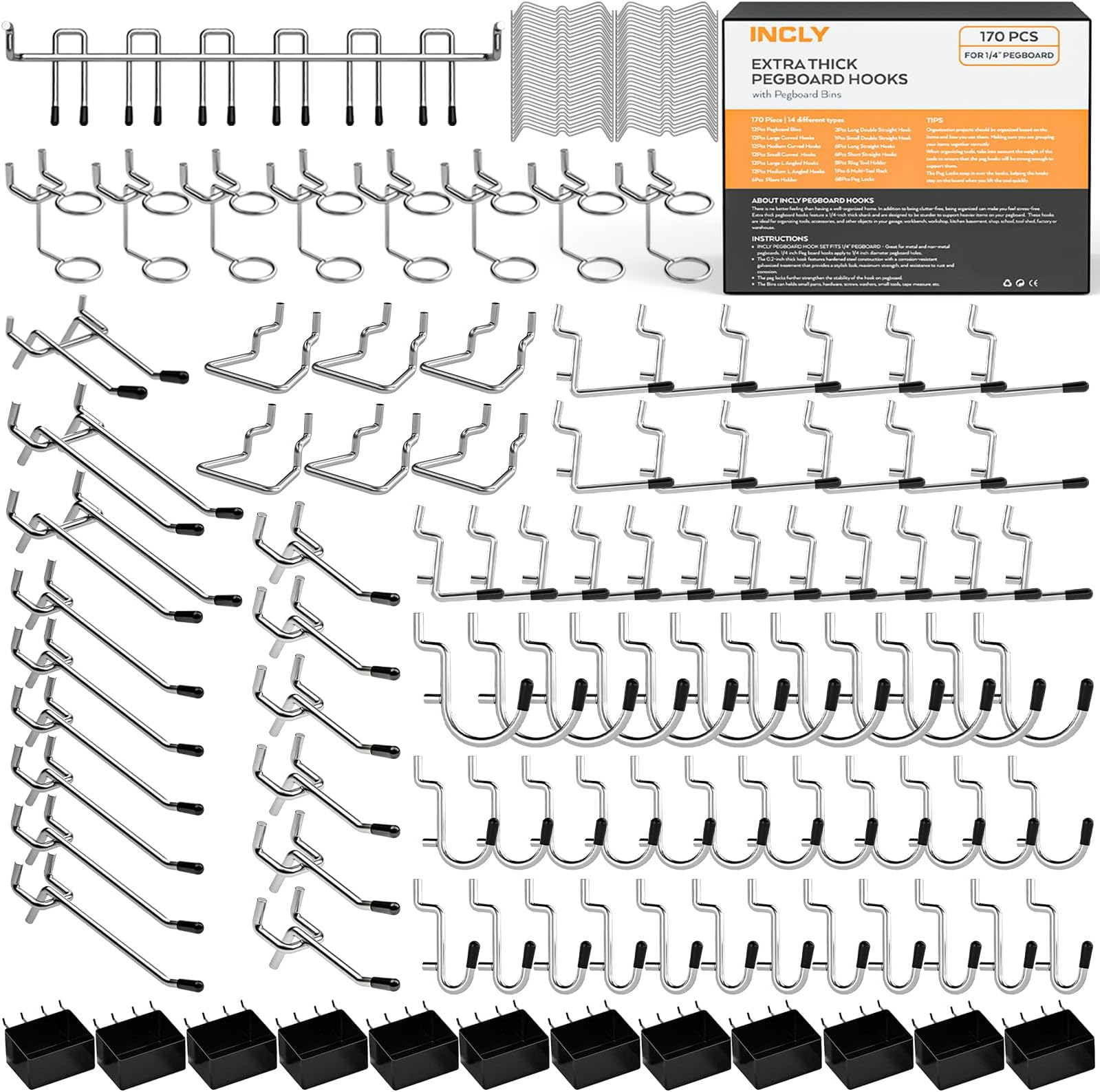 Amazon.com: INCLY 170PCS 1/4 Inch Pegboard Hooks Kit, Extra Thick Heavy Duty Peg Board Organizer ...