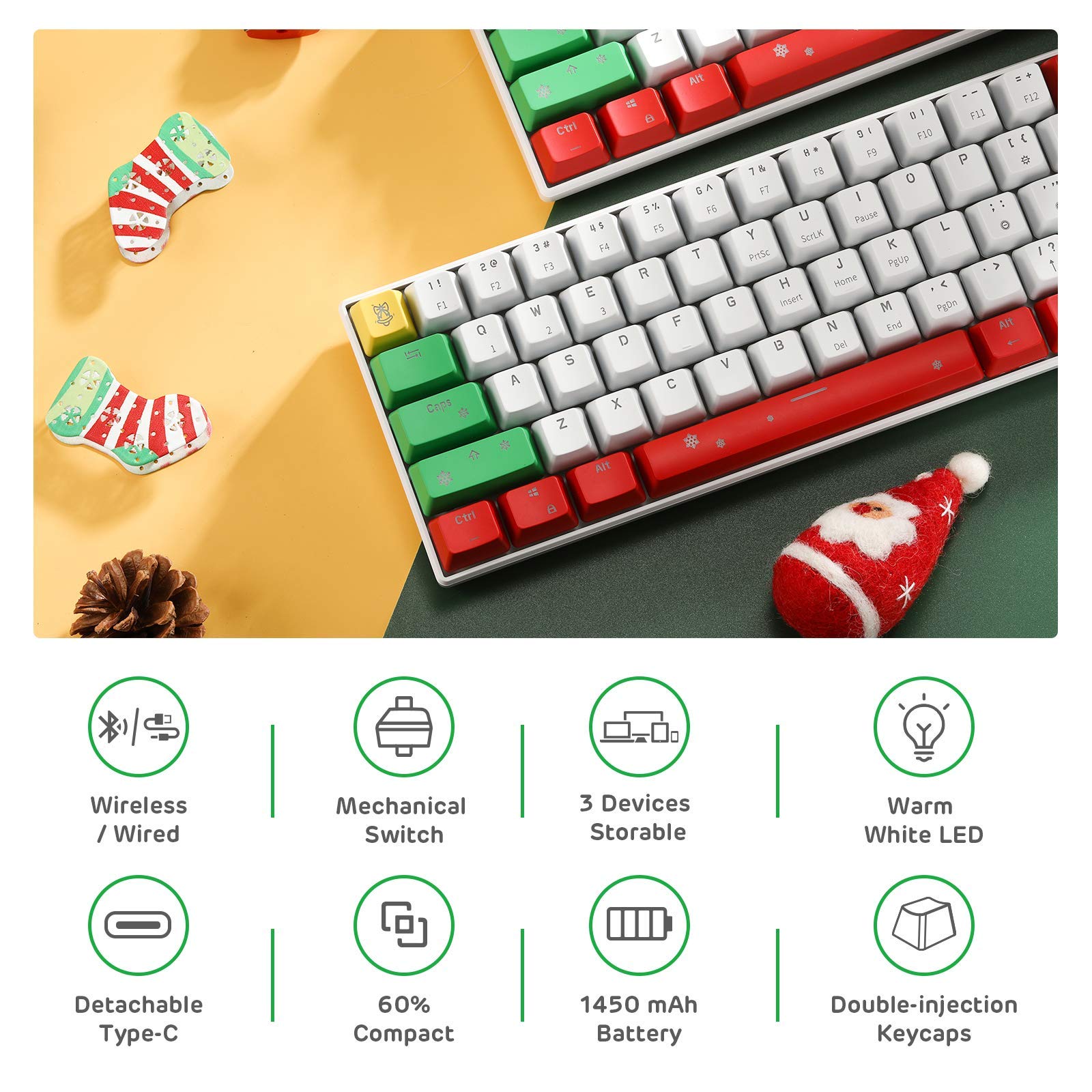 RK ROYAL KLUDGE RK61 Christmas Version, Wireless 60% Mechanical ...