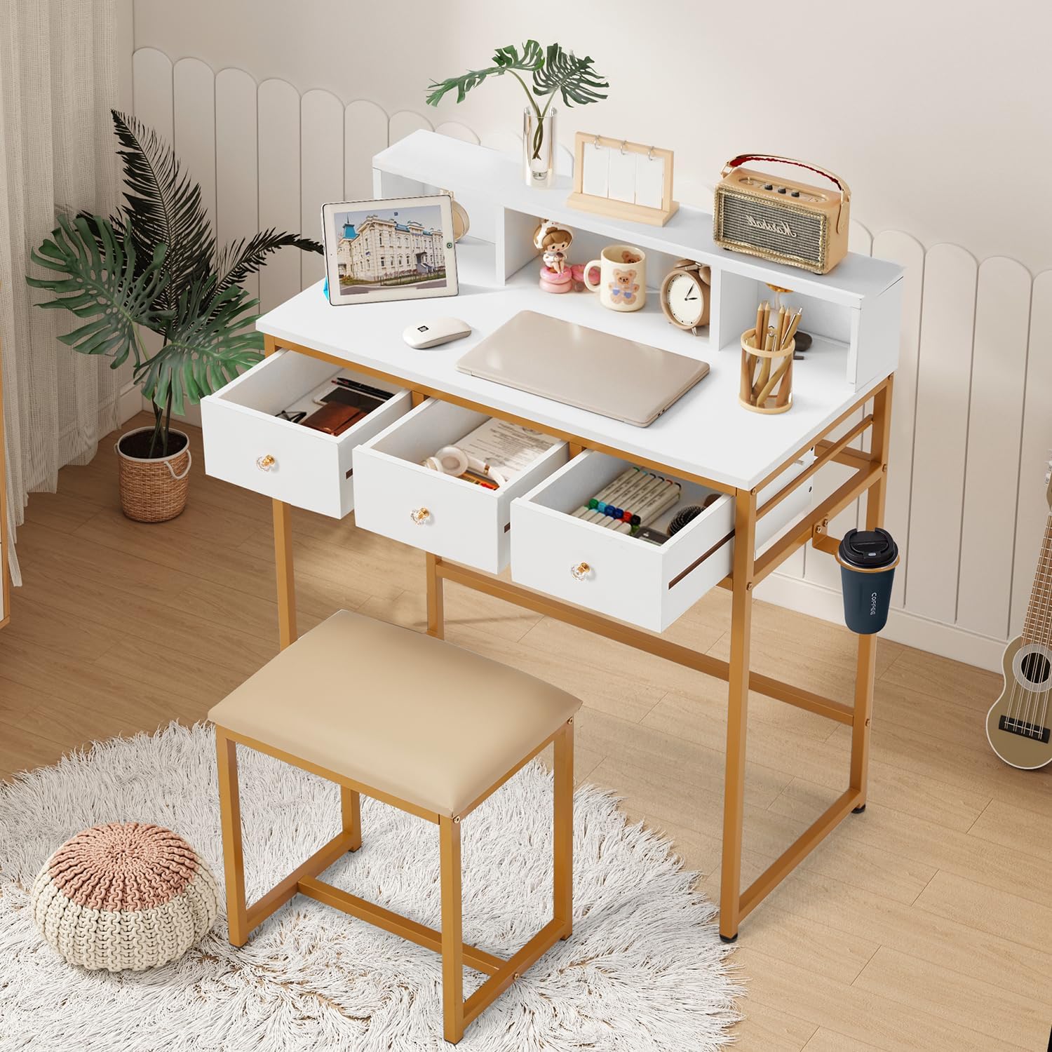 Amazon.com: HOMHUM Computer Desk and Stool Set, 32 Inch White Work Desk ...