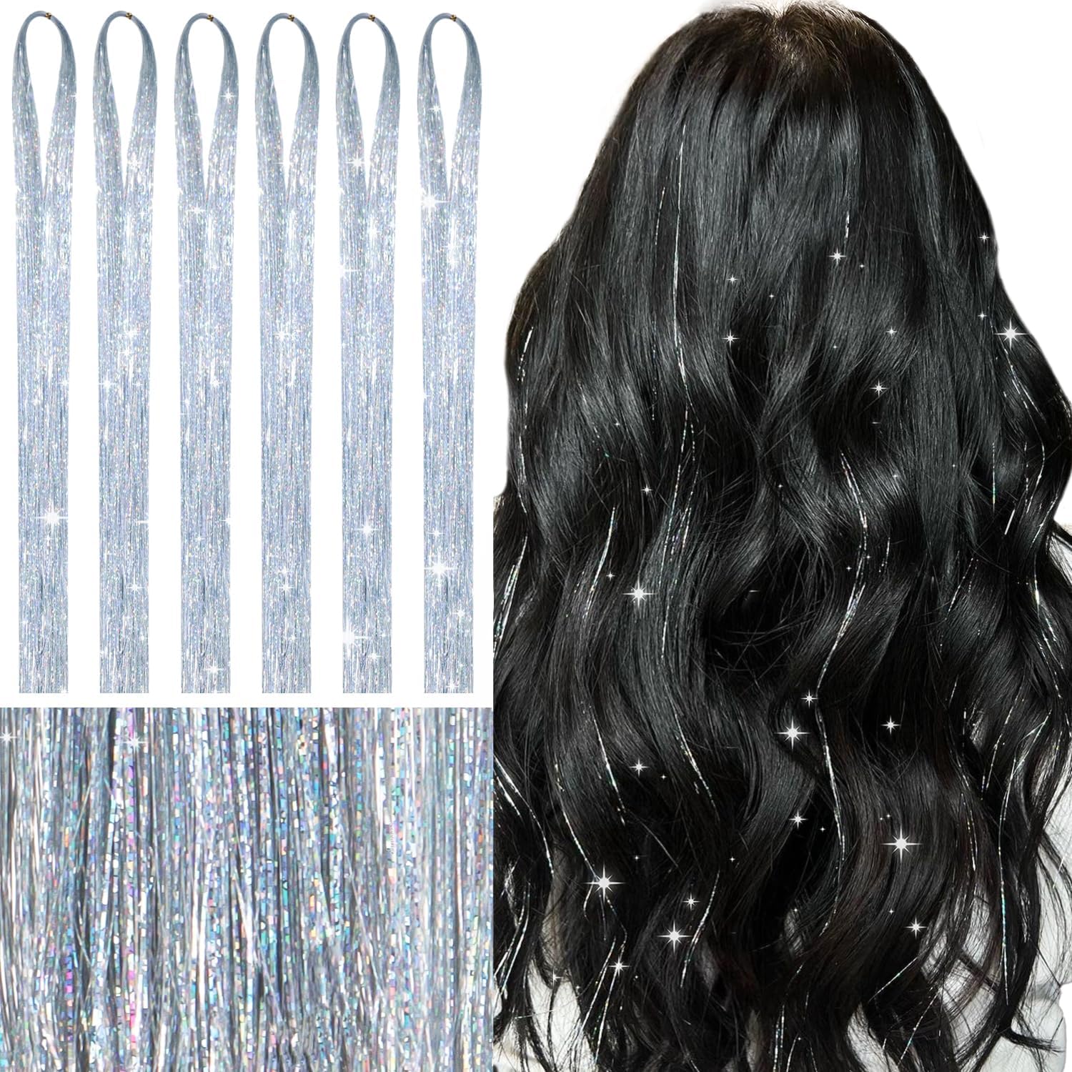 Amazon.com : WENNALIFE Hair Tinsel for Girls, Silver Fairy Kit 1200 Strands 6PCS 48 Inch Heat ...