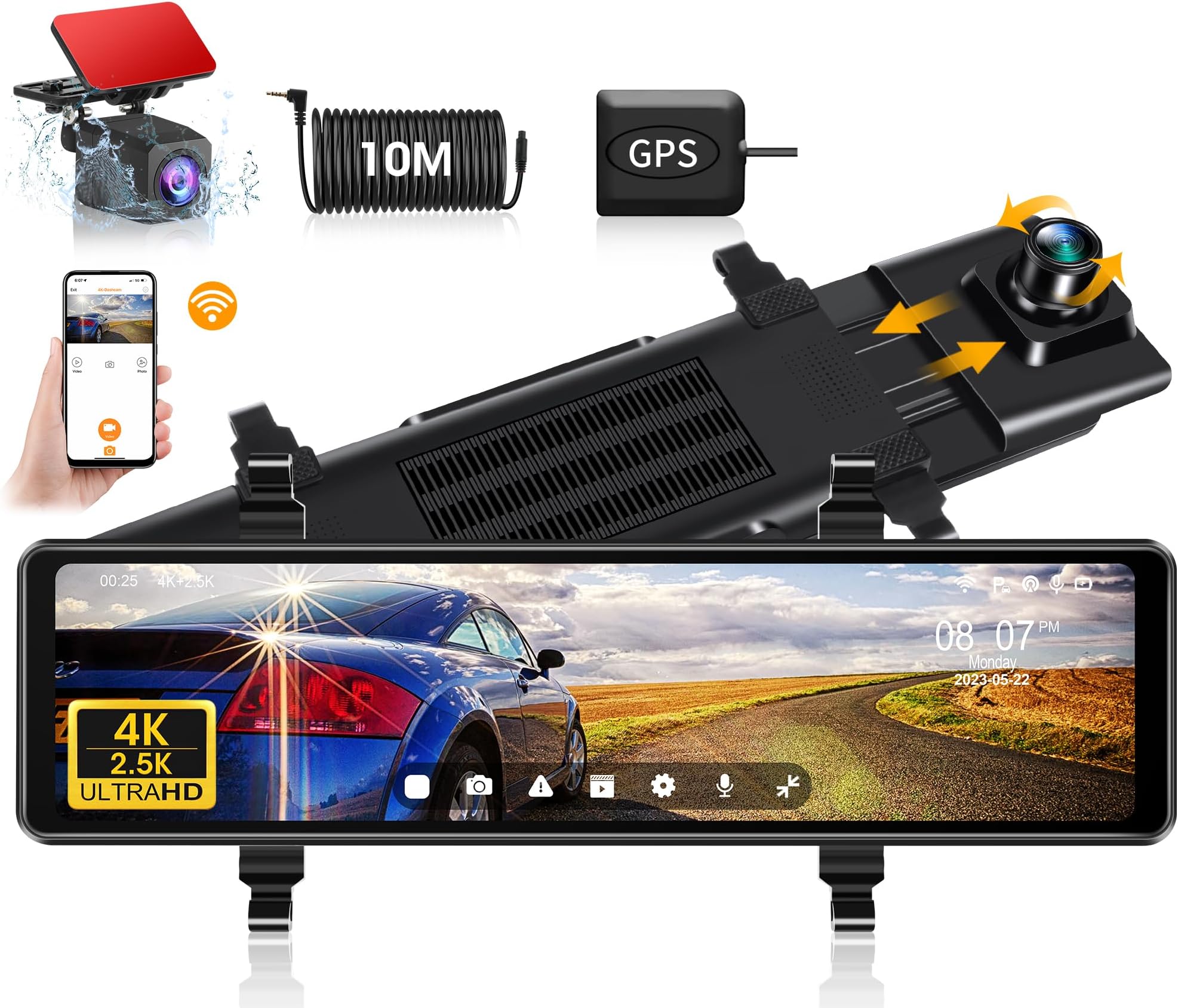 Amazon.com: 4K+2.5K WiFi Rear View Mirror Camera 12" Mirror Dash Cam ...