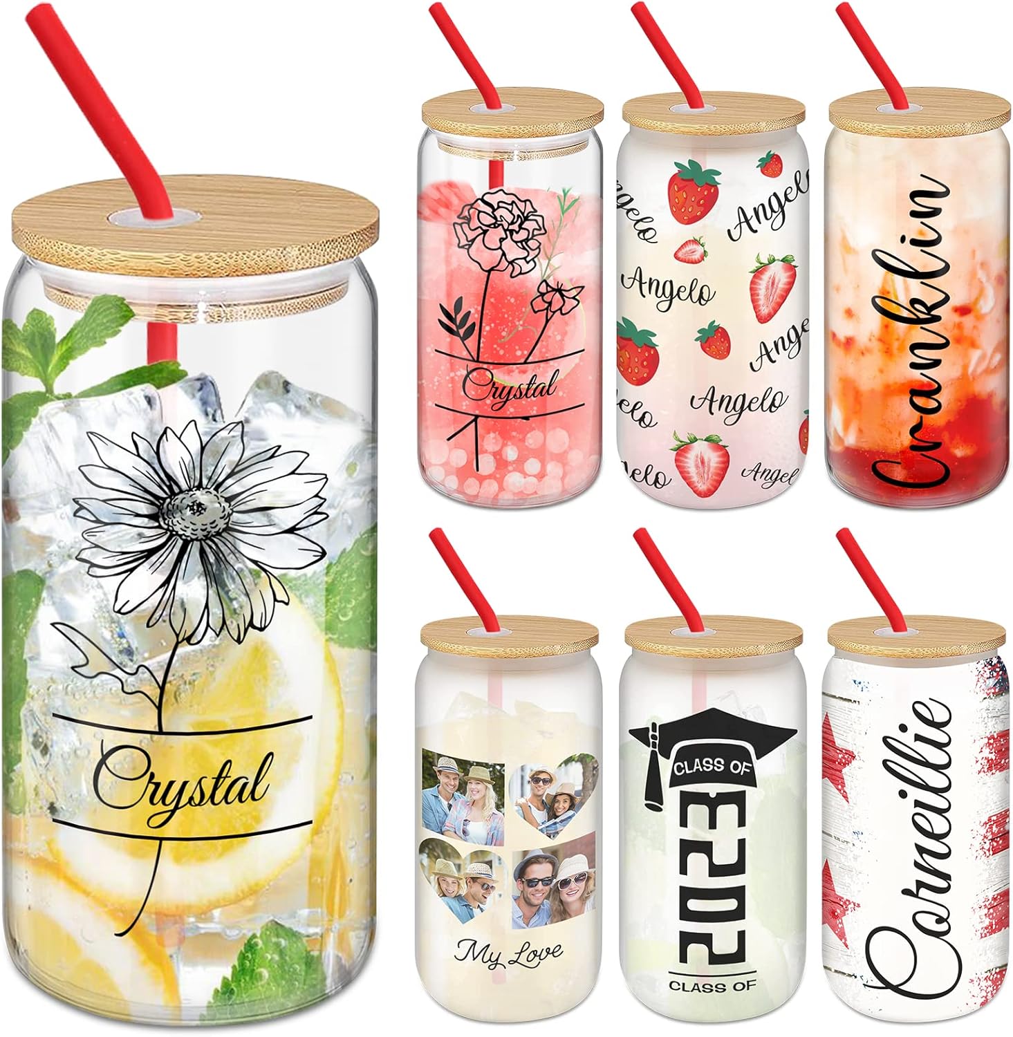 Amazon.com | Personalized Glass Cups with Bamboo Lids and Straws Custom ...