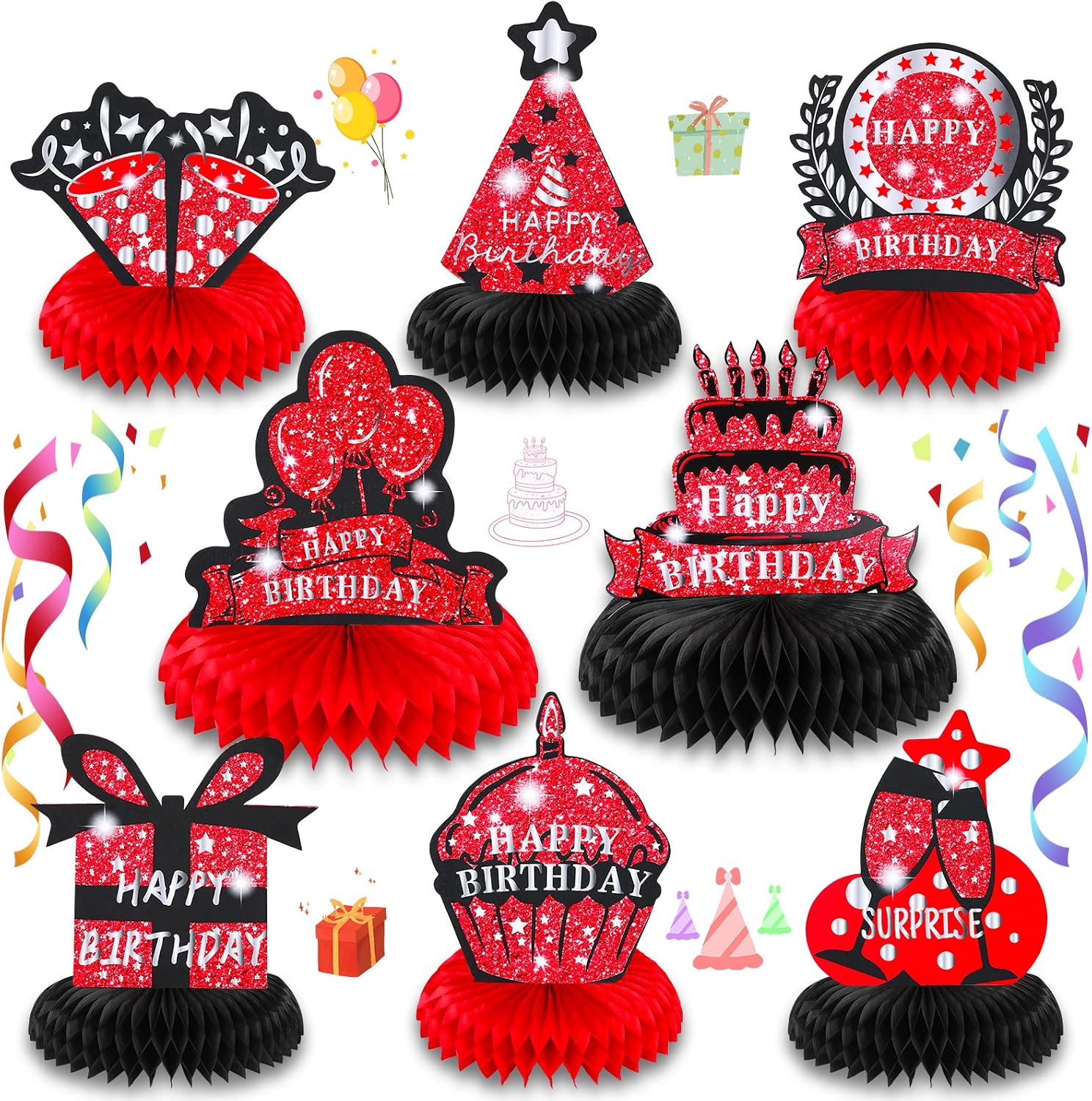 Amazon.com: 8Pcs Red Black Happy Birthday Decorations Table Honeycomb ...