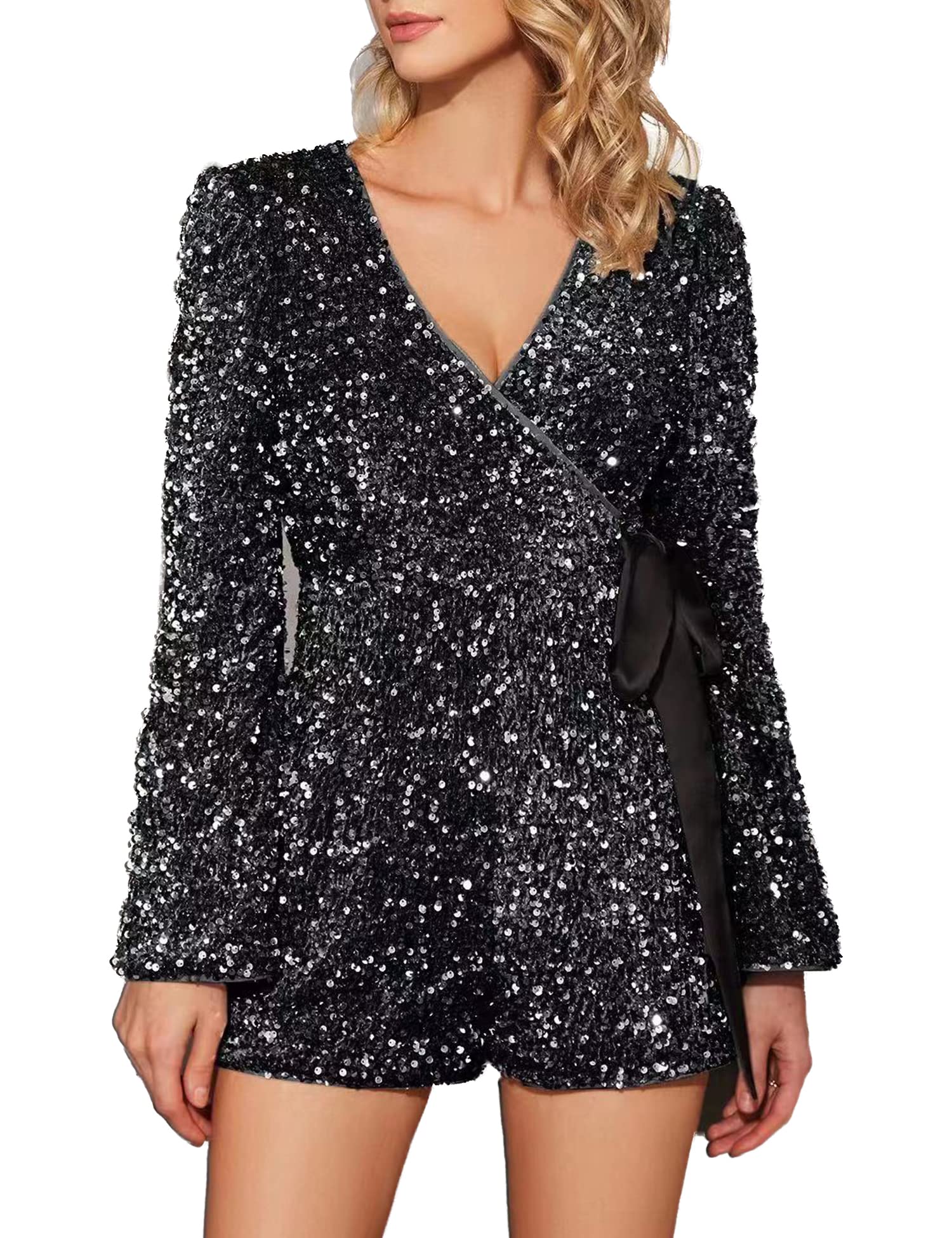 EXTRO&VERT Sequin Romper for Women Sparkly One Piece Jumpsuit Long ...
