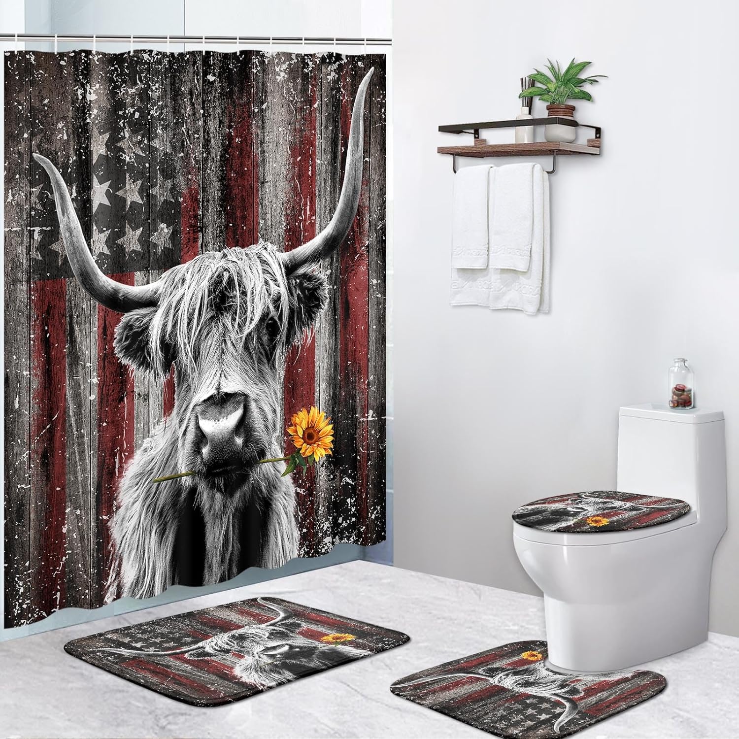 Amazon.com: Bribay 4 Piece Shower Curtain Set, Farm Highland Cow ...