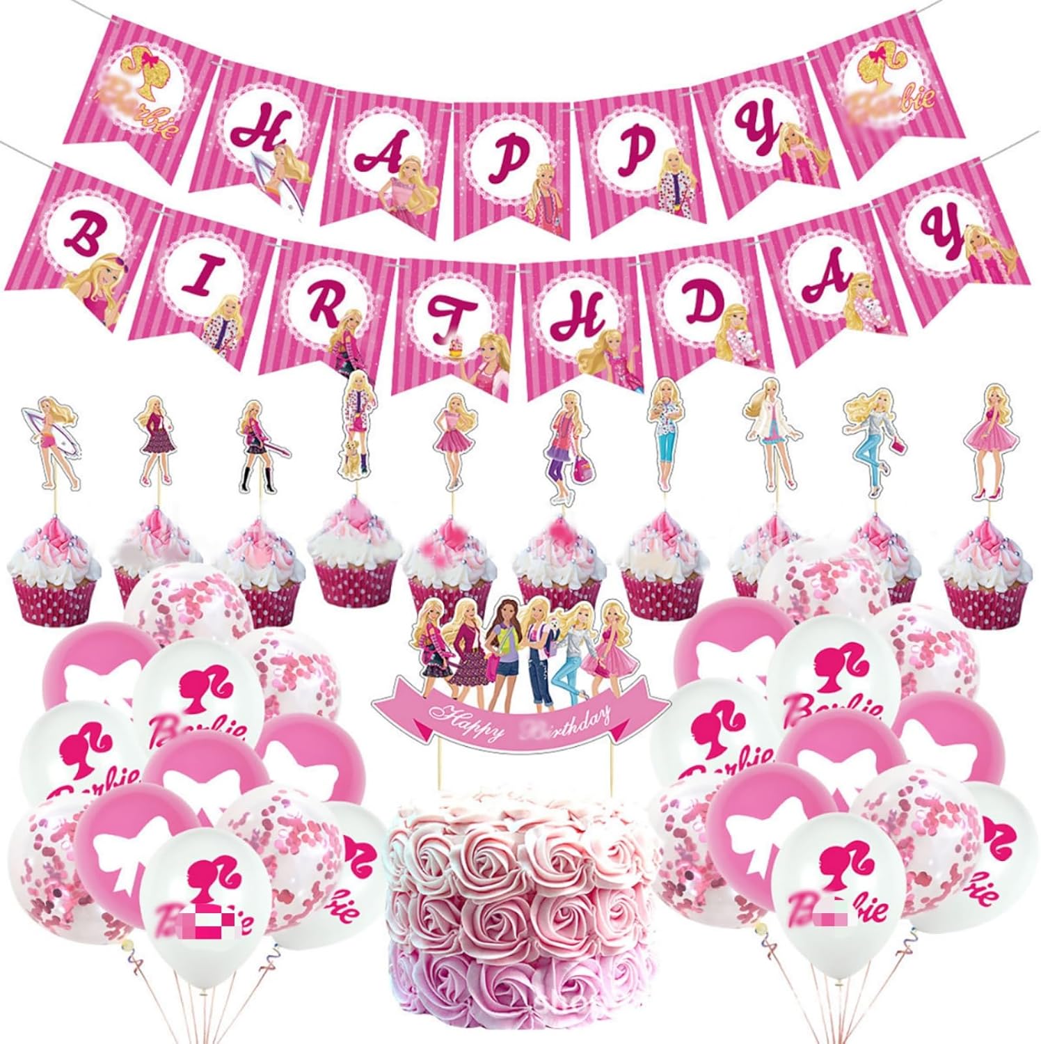 ETHORY 32 Pieces Princess Birthday Decorations Girls Pink Birthday Party Decorations Cake Insert ...