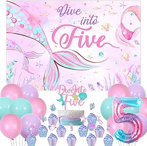 Amazon.com: Mermaid Birthday Party Decorations, Dive Into Five Ocean Theme 5th Birthday Backdrop ...