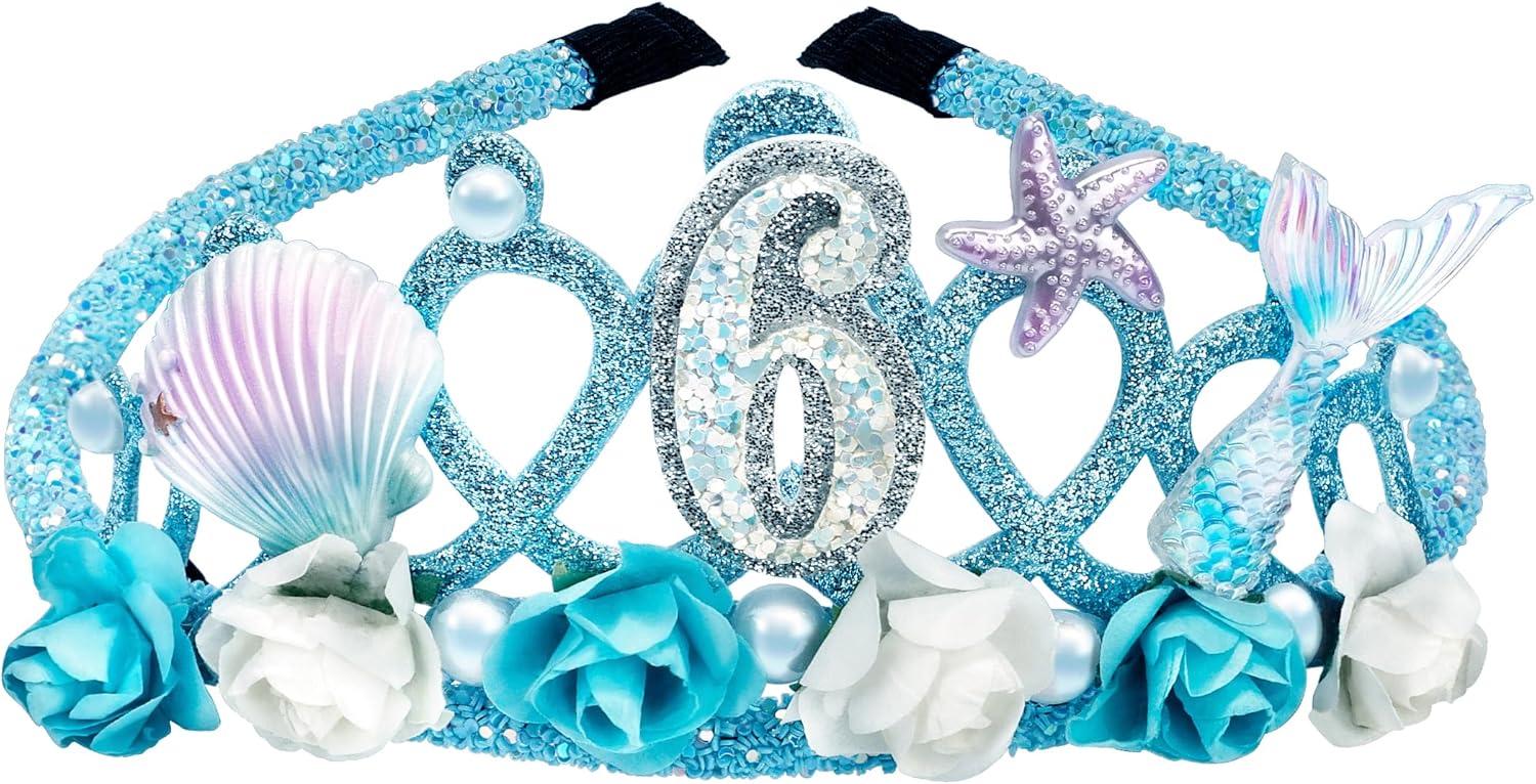 Amazon.com: Vovii 6th Birthday Tiara for Girls Mermaid Dazzling Pearls ...