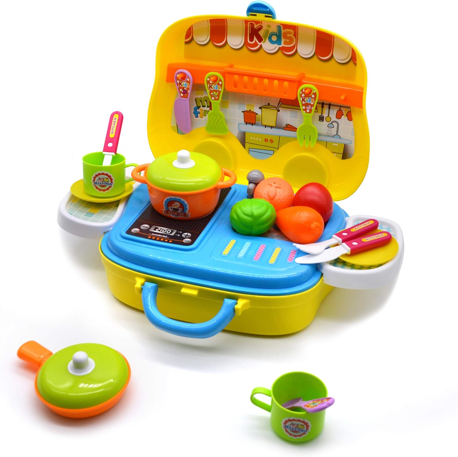 Juego De Cocina Play Kitchen Estufa Ollas Sartenes Platos Tazas Alimentos De Juego