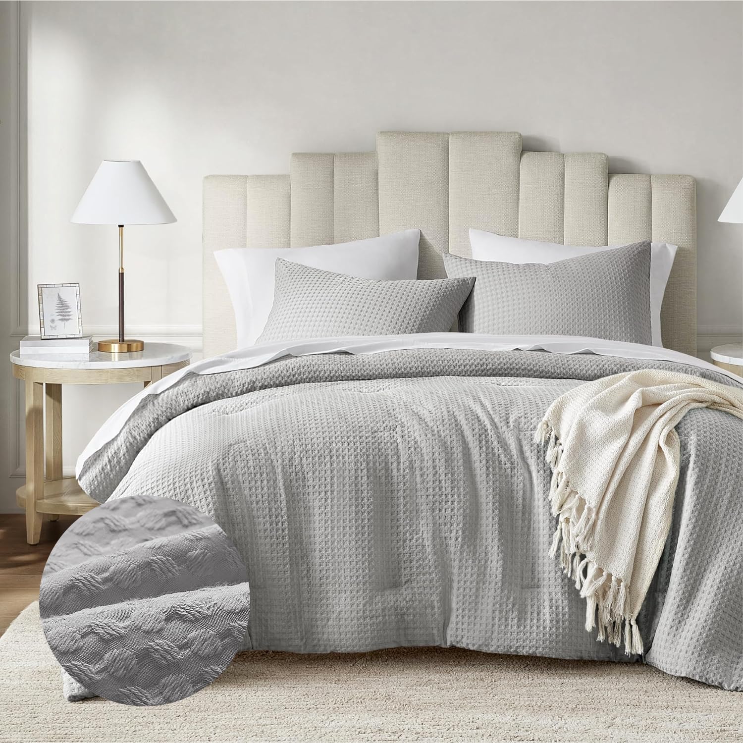 Amazon.com: PHF 3 Pieces Grey Waffle Weave Comforter Set Queen Size ...