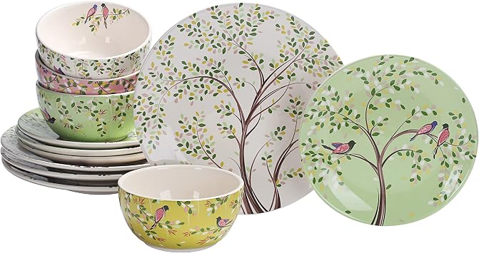 Amazon.com | Bico Bird On Tree Ceramic 12 pcs Dinnerware Set, Service ...