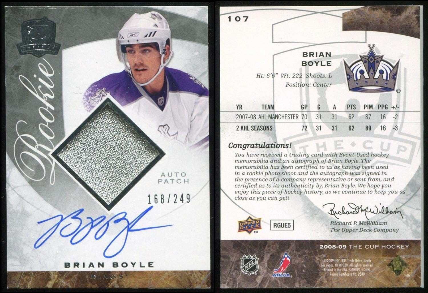 2008/09 The Cup #107 Brian Boyle Rookie Patch Auto 168/249 - Upper Deck ...