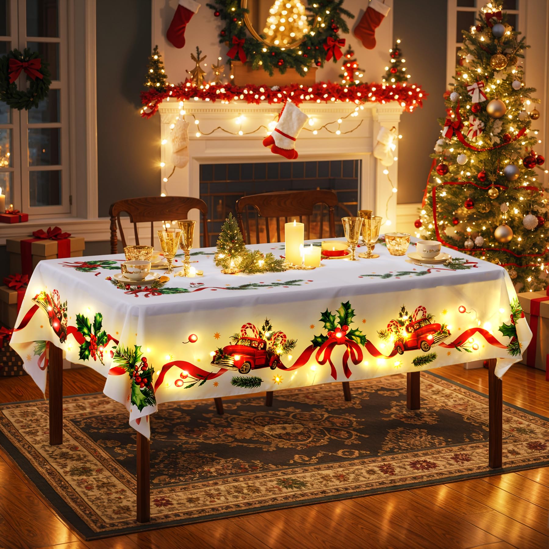 Amazon.com: Light Up Christmas Tablecloth Rectangle Christmas Trucks ...