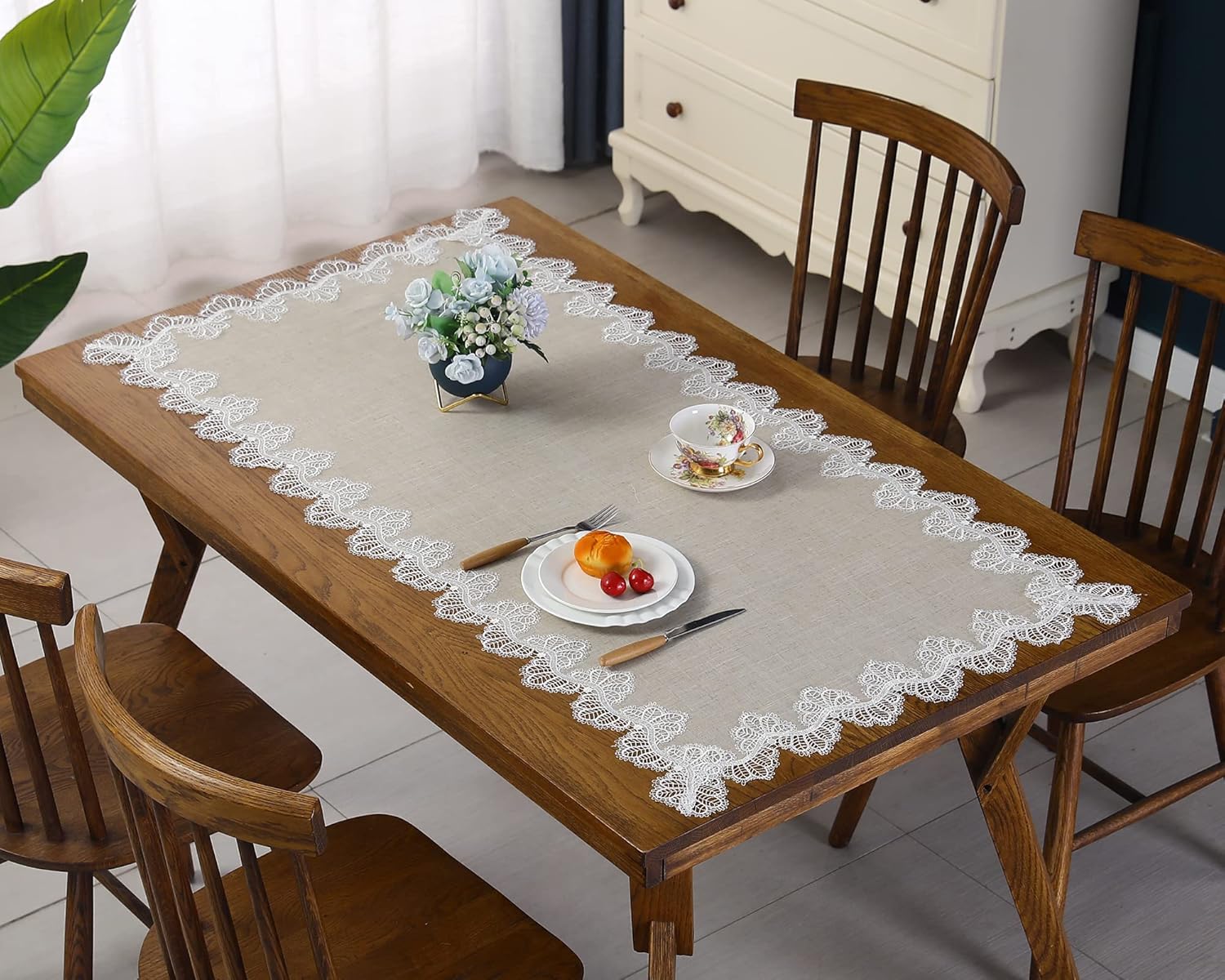 mylacerhome Lace Embroidered Linen Small Rectangle Tablecloth Beige ...