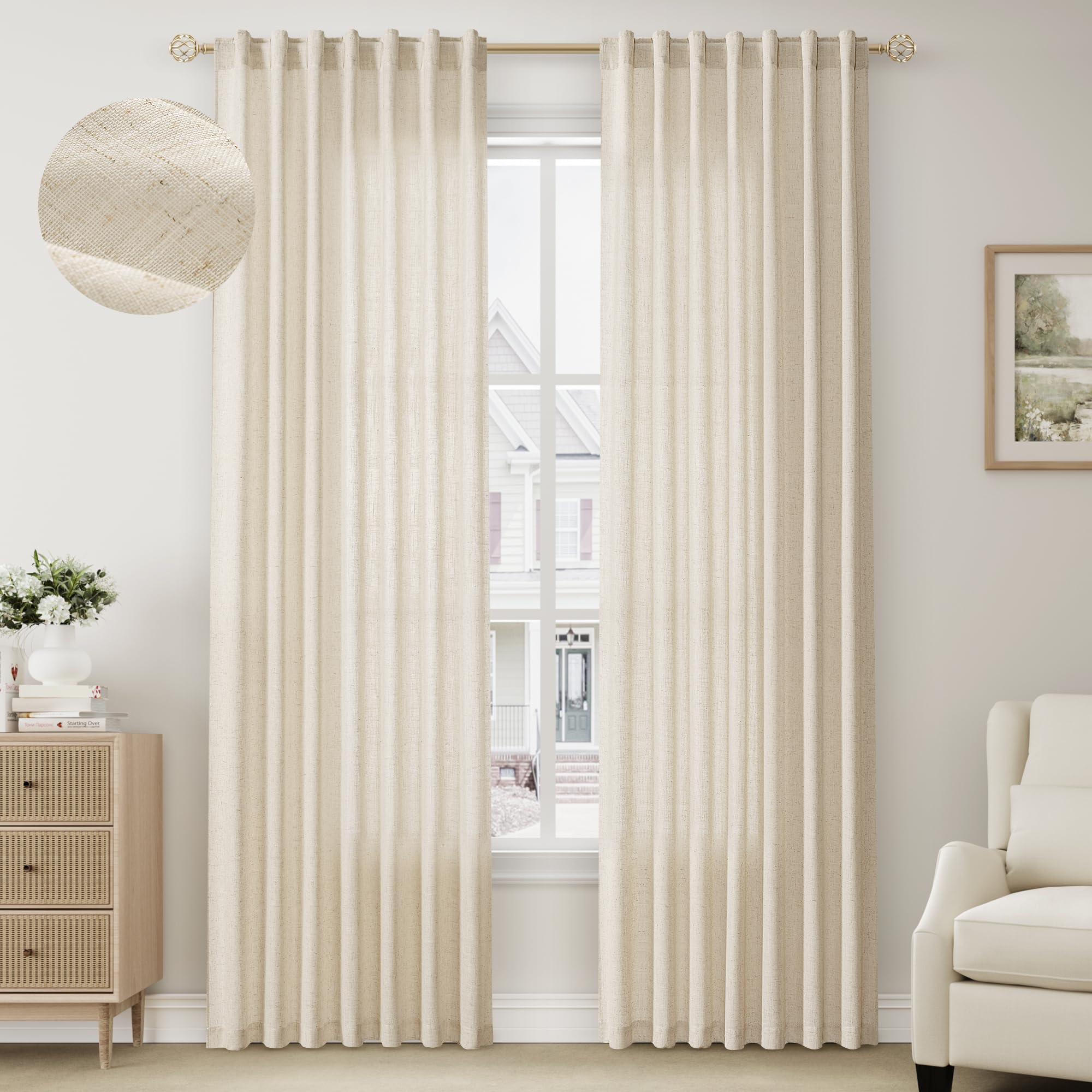 Amazon.com: BOODII Beige Semi Sheer Textured Linen Curtains 90 Inches ...