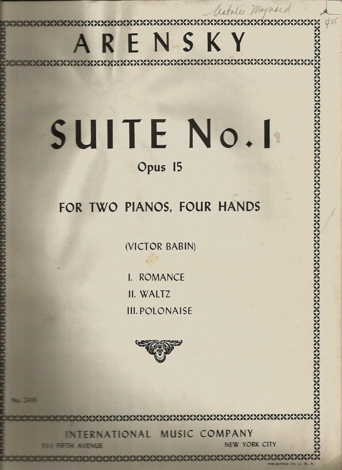 Arensky Suite No.1 Op.15 for Two Pianos, Four Hands. (Victor Babin) ONE ...
