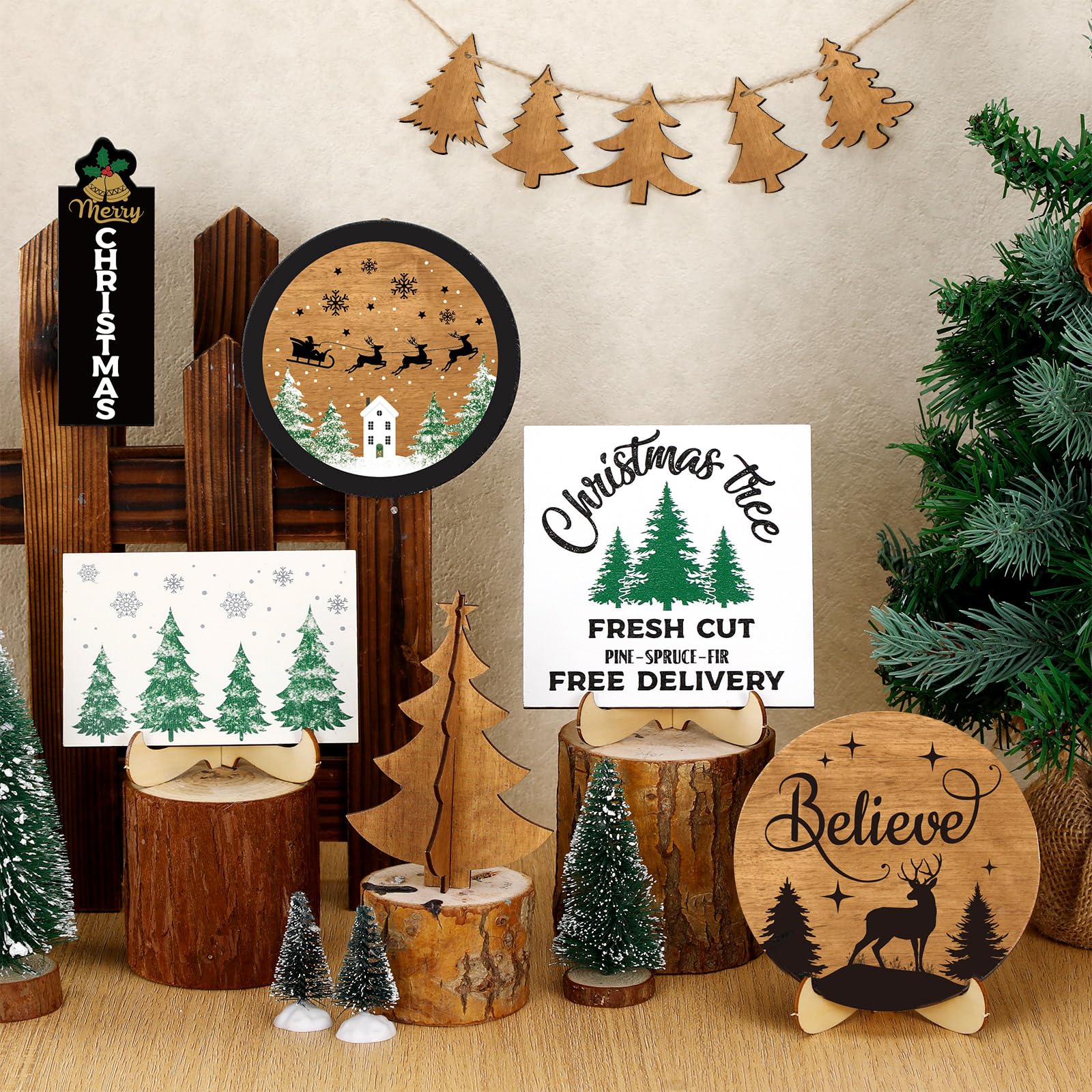 11 Pieces Christmas Tiered Tray Decor Set Wooden Christmas Trees Sign ...