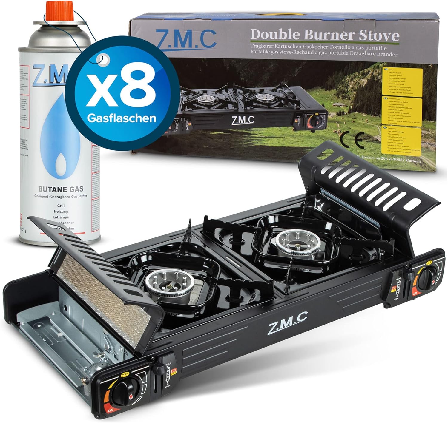Z.M.C PREMIUM Camping Gaskocher 2-flammig + 8 Gaskartuschen 227g ...