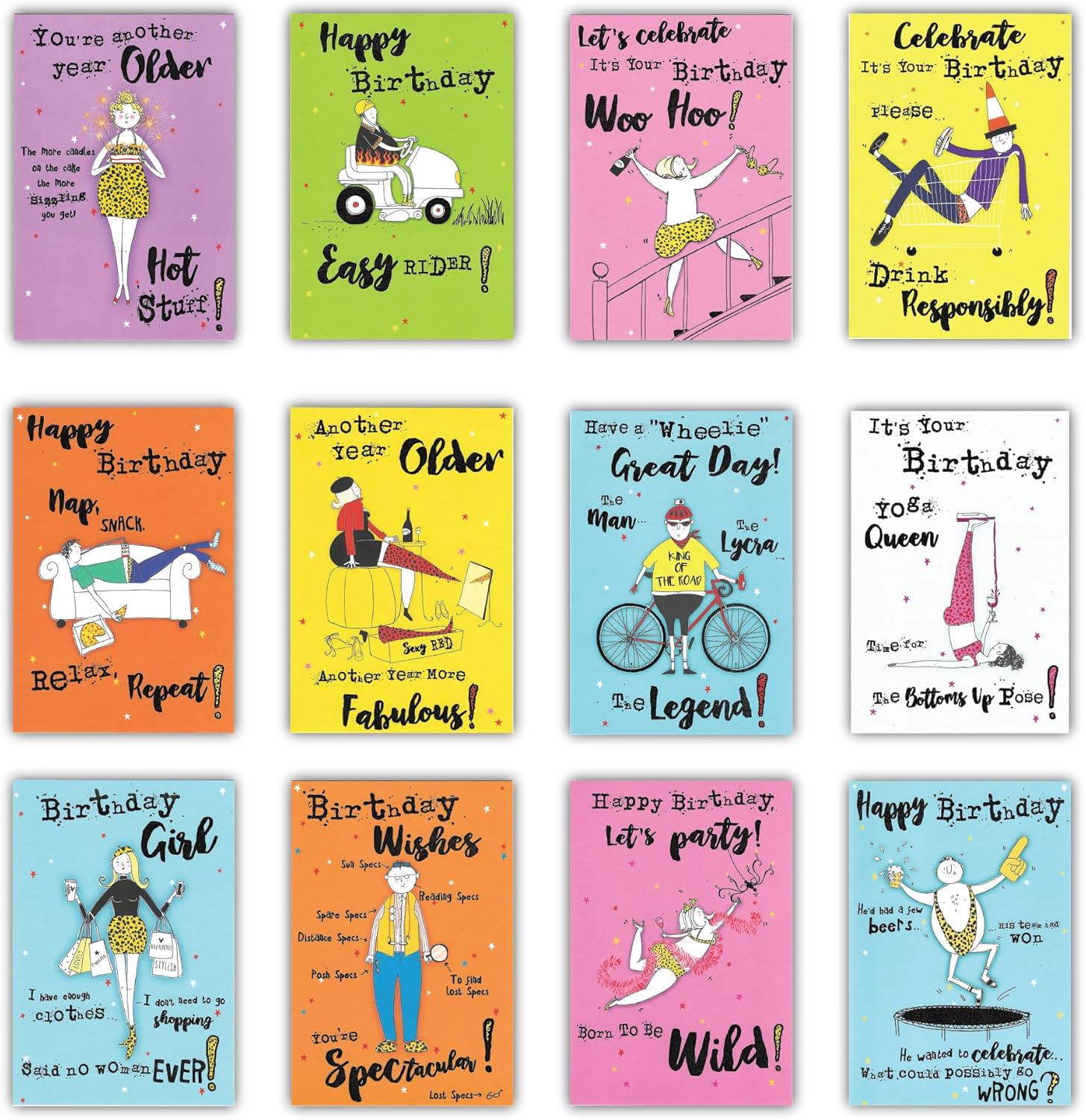 12 Assorted Colourful Design Birthday Cards & Envelopes. Funny Designs ...