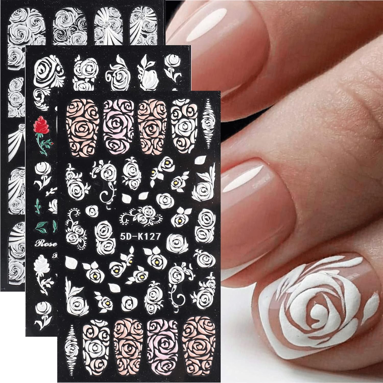 Amazon.com: 6 Sheets Embossed Nail Stickers for Nail Art Rose Flower ...