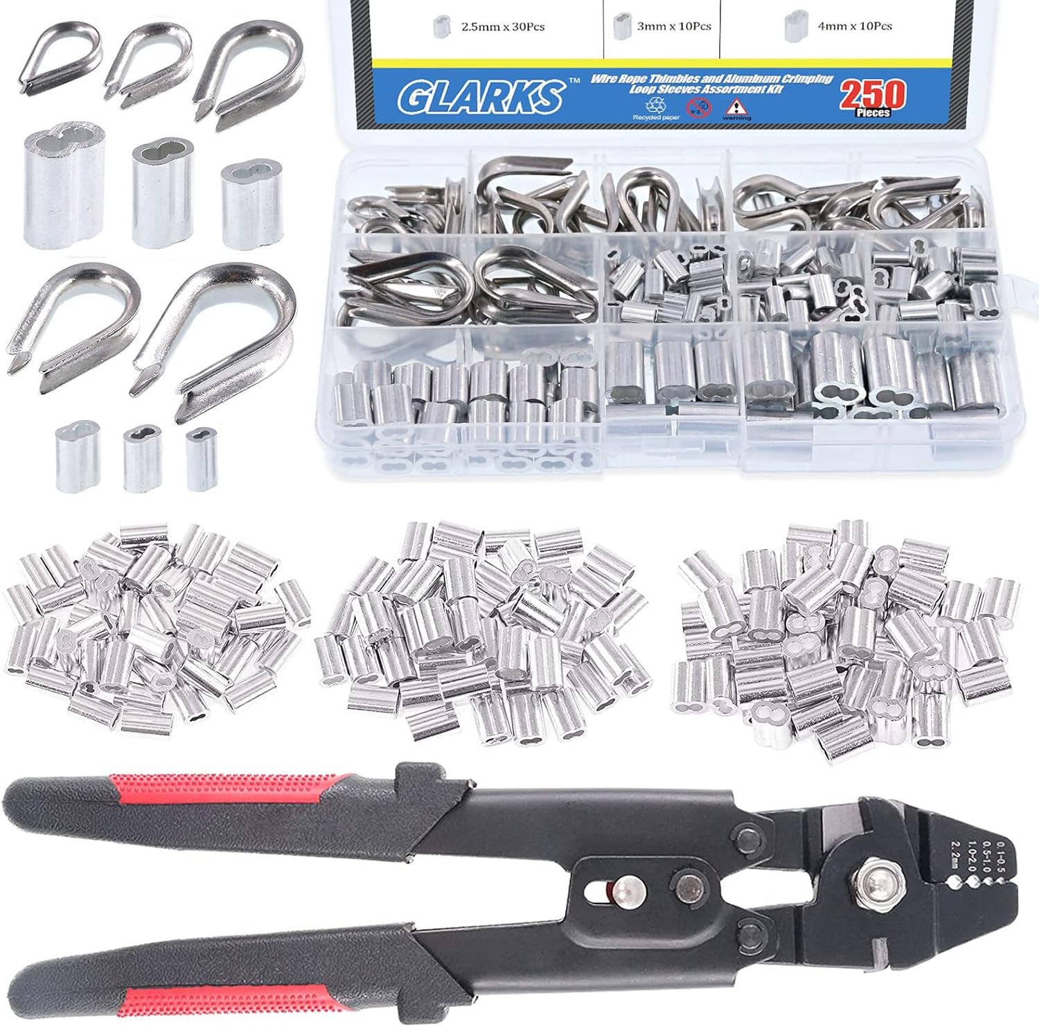 Glarks 181Pcs Wire Rope Crimping Tool Set with 1.2/1.5/2mm Aluminum ...